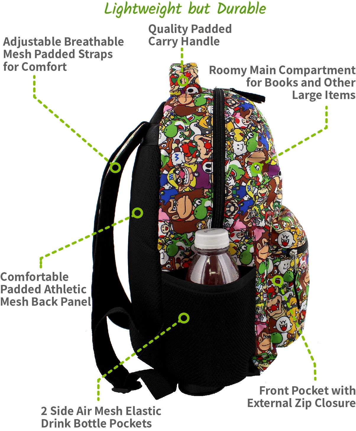 Nintendo Super Mario Brothers Boys Girls Teen 16" School Backpack (One Size, Black/Multi)