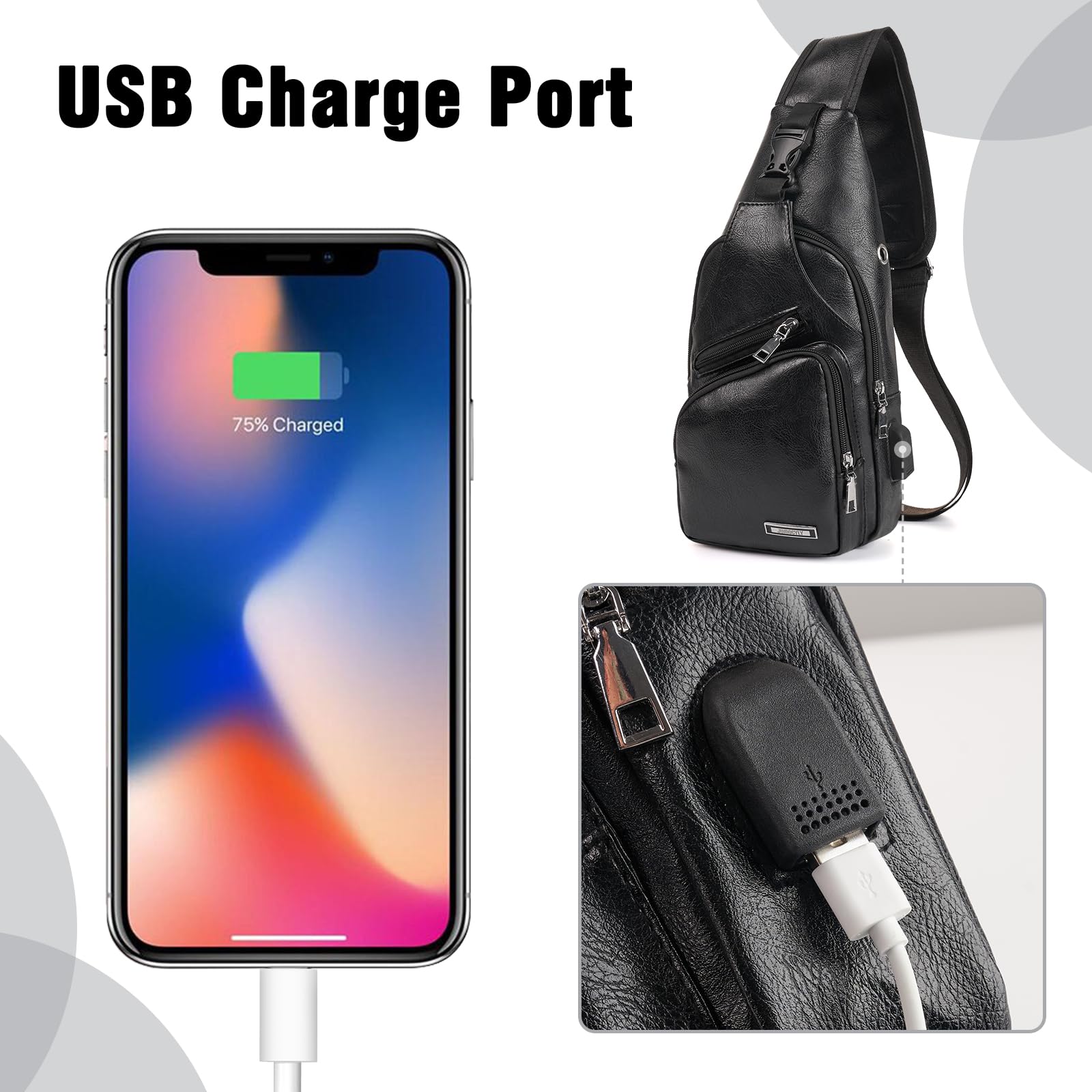 JUMO CYLY Men's Leather Sling Bag, Chest Shoulder Backpack, Waterproof Crossbody Bag swith USB Charging Port One_Size