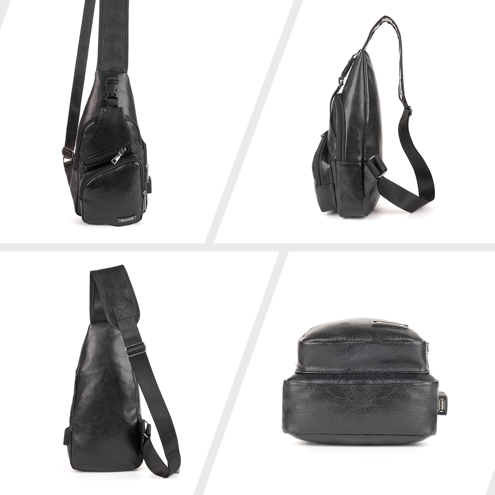JUMO CYLY Men's Leather Sling Bag, Chest Shoulder Backpack, Waterproof Crossbody Bag swith USB Charging Port One_Size