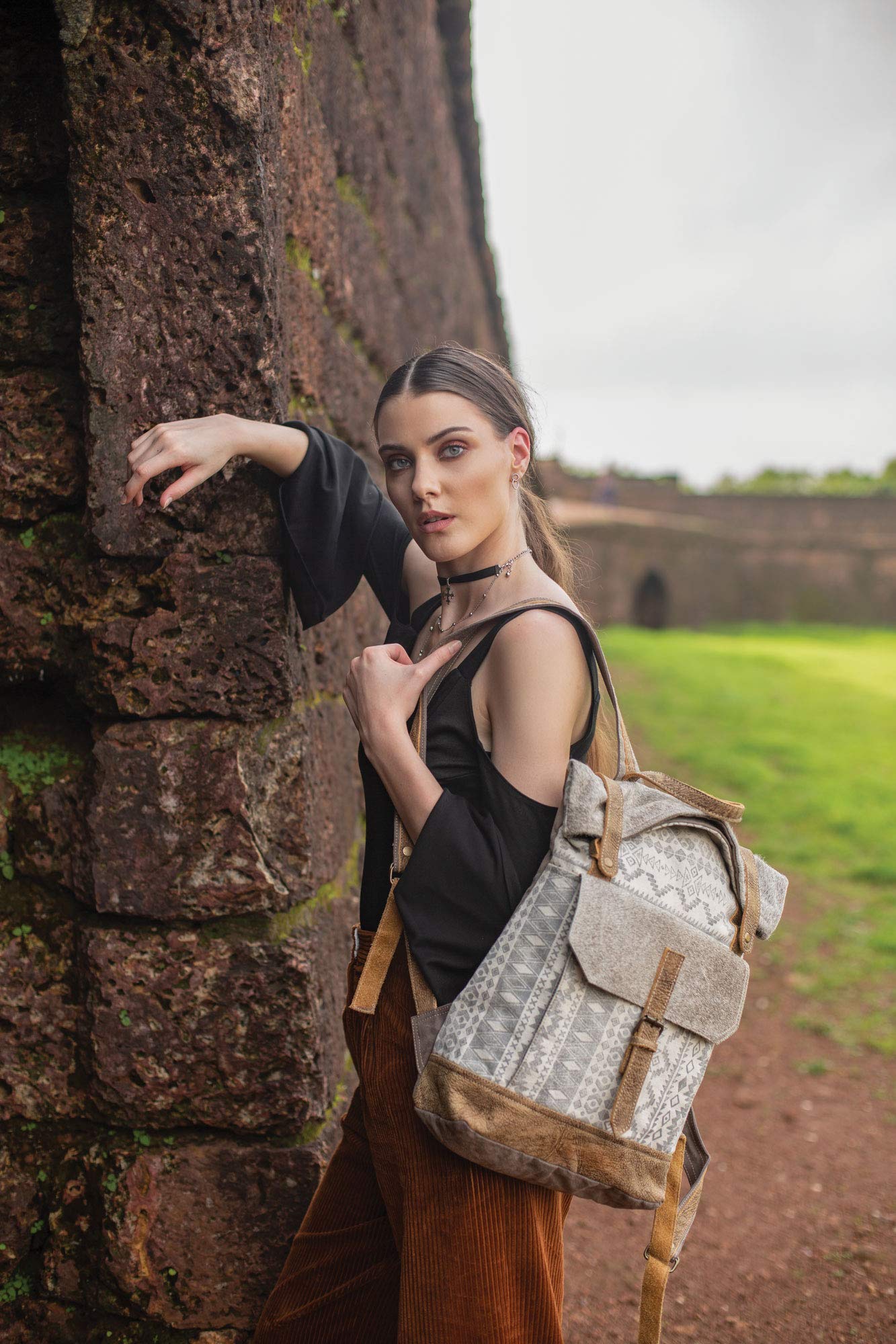 Myra Bag Classy Leather & Upcycled Canvas Backpack S-1237