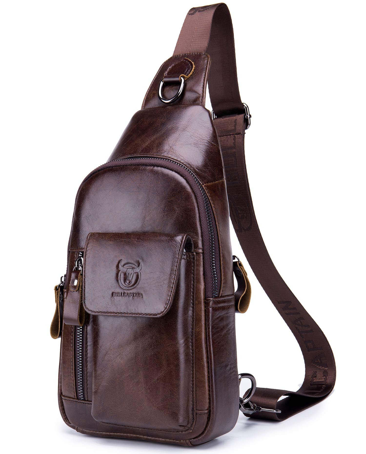 BULLCAPTAIN Mens Leather Crossbody Bag Shoulder Sling Bag Casual Daypacks Chest Bags for Travel Hiking Backpacks (Coffee)