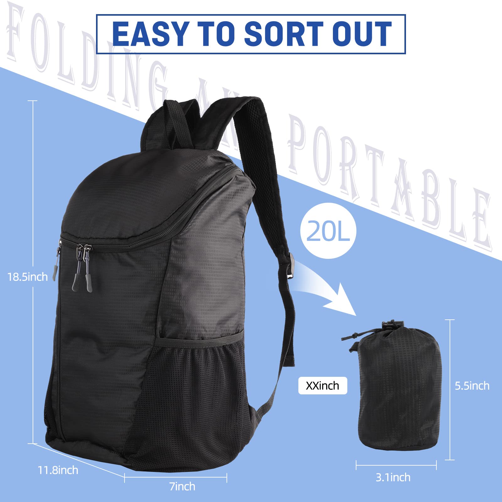 DOVO Hiking Backpack, Waterproof and Wear-resistant Lightweight Backpack Packable,Outdoor Travel Camping Daypack Foldable-BLACK