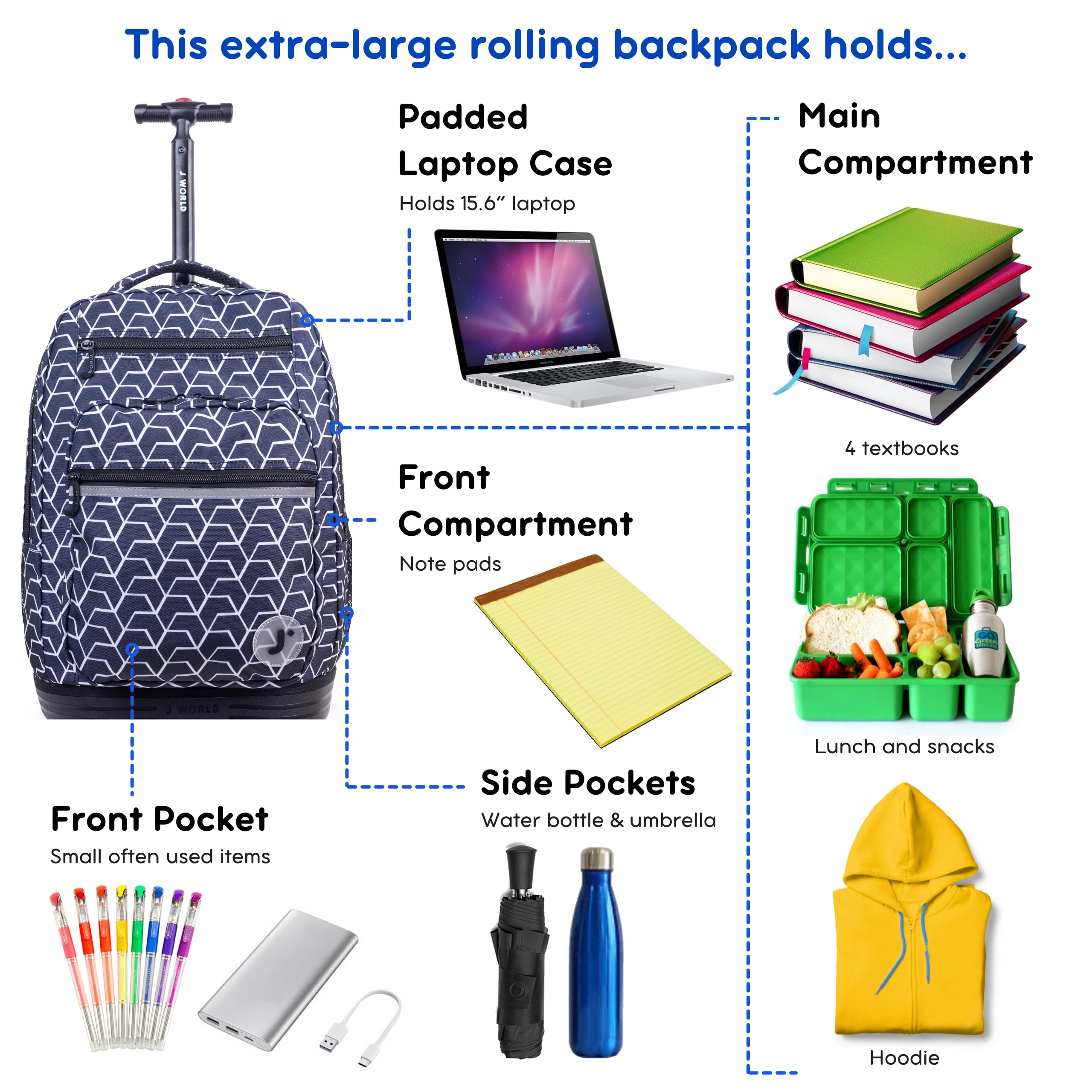 J World New York Sundance Rolling Backpack Girl Boy Roller Bookbag, Black and White, 20 X 13 X 9 (H X W X D)