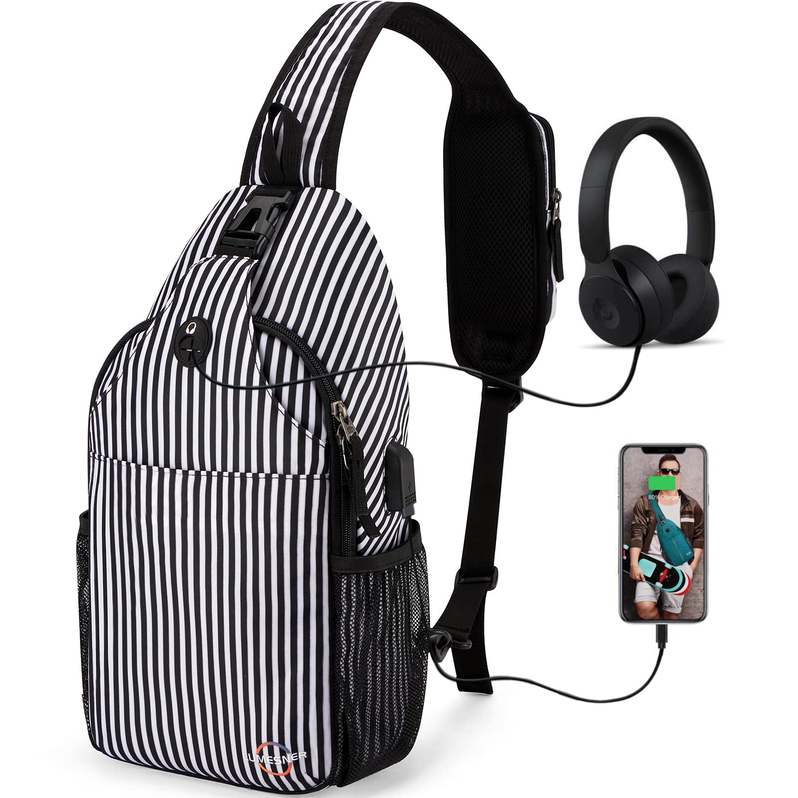 Lumesner Sling Bag Crossbody Sling Backpack with USB Charging Port,Water Resistant Shoulder Bag for Men Women,Lightweight One Strap Backpack Chest bag for Hiking,Cycling,Biking