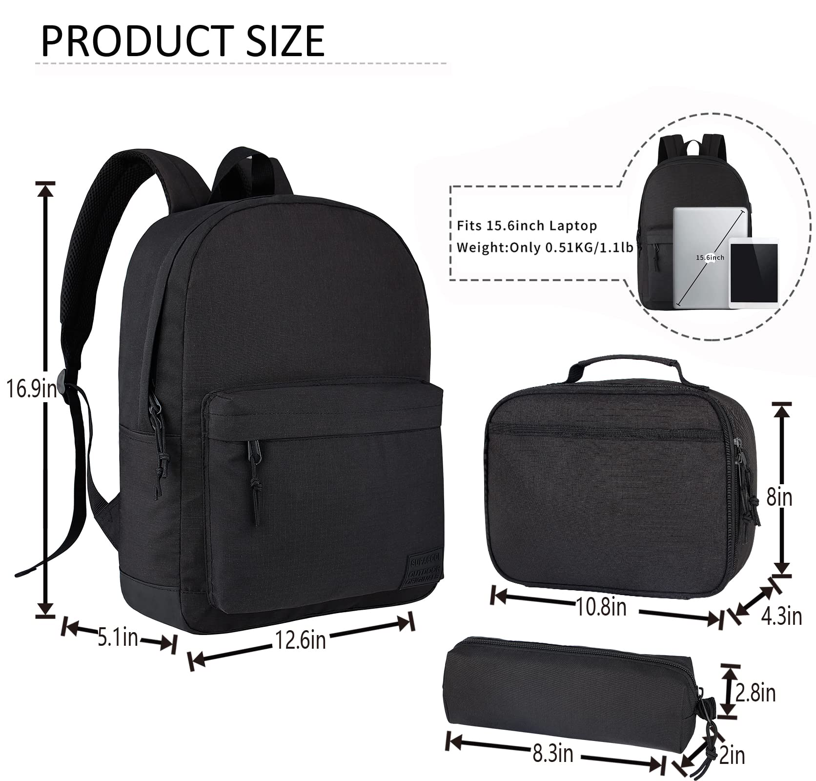 KOPHLY Casual Lightweight Laptop Backpack with USB Charging Port For for Men and Women, School Bookbag for Teens College,Daypack for Short Trip Travel(Carbon Black)