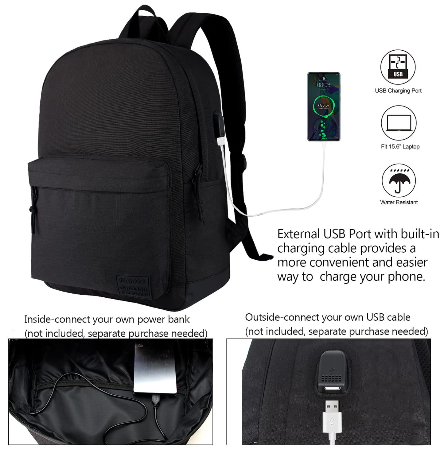KOPHLY Casual Lightweight Laptop Backpack with USB Charging Port For for Men and Women, School Bookbag for Teens College,Daypack for Short Trip Travel(Carbon Black)