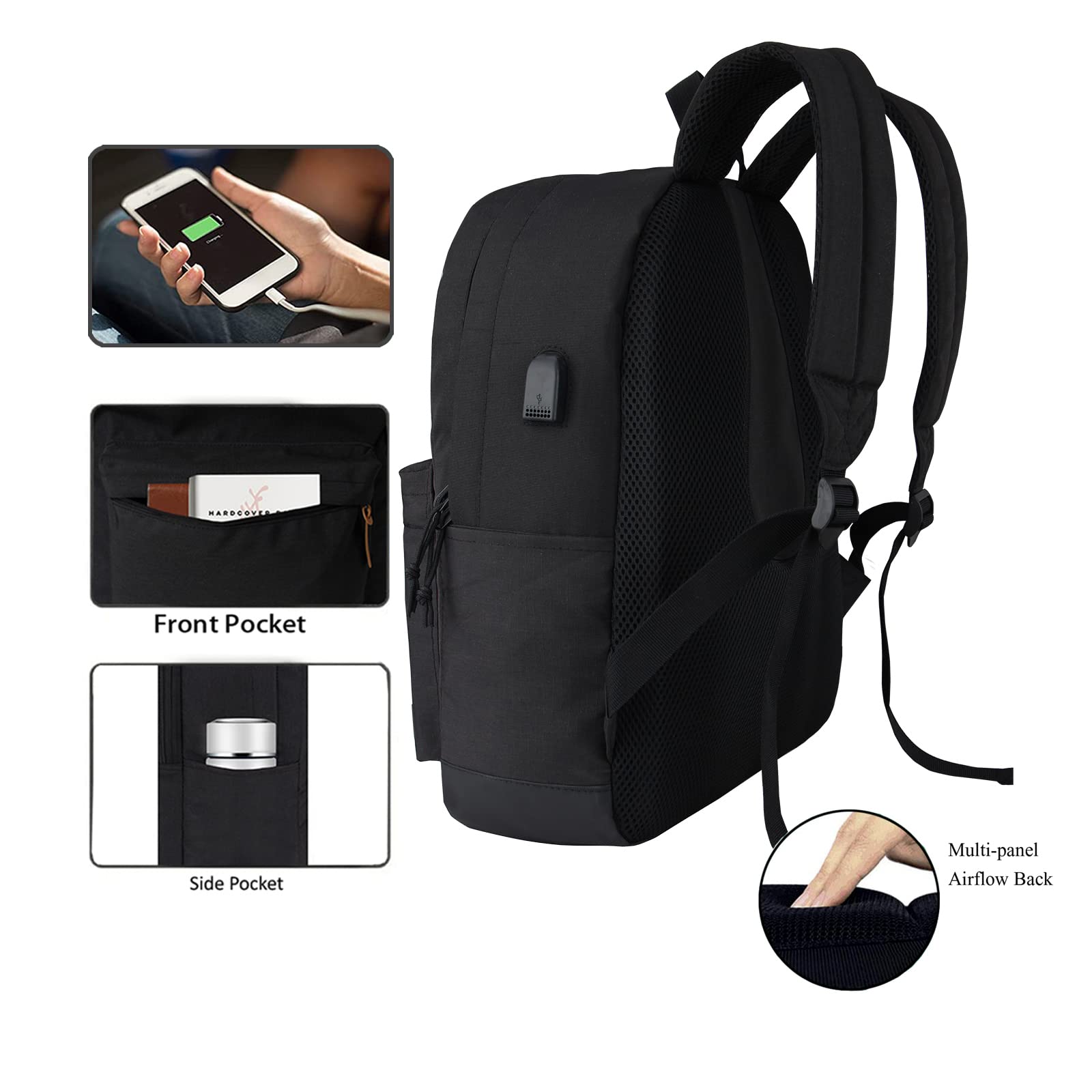 KOPHLY Casual Lightweight Laptop Backpack with USB Charging Port For for Men and Women, School Bookbag for Teens College,Daypack for Short Trip Travel(Carbon Black)