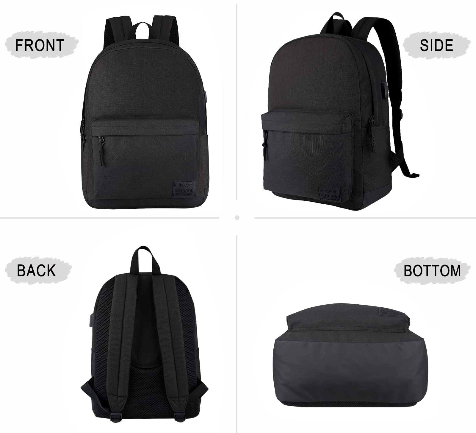 KOPHLY Casual Lightweight Laptop Backpack with USB Charging Port For for Men and Women, School Bookbag for Teens College,Daypack for Short Trip Travel(Carbon Black)