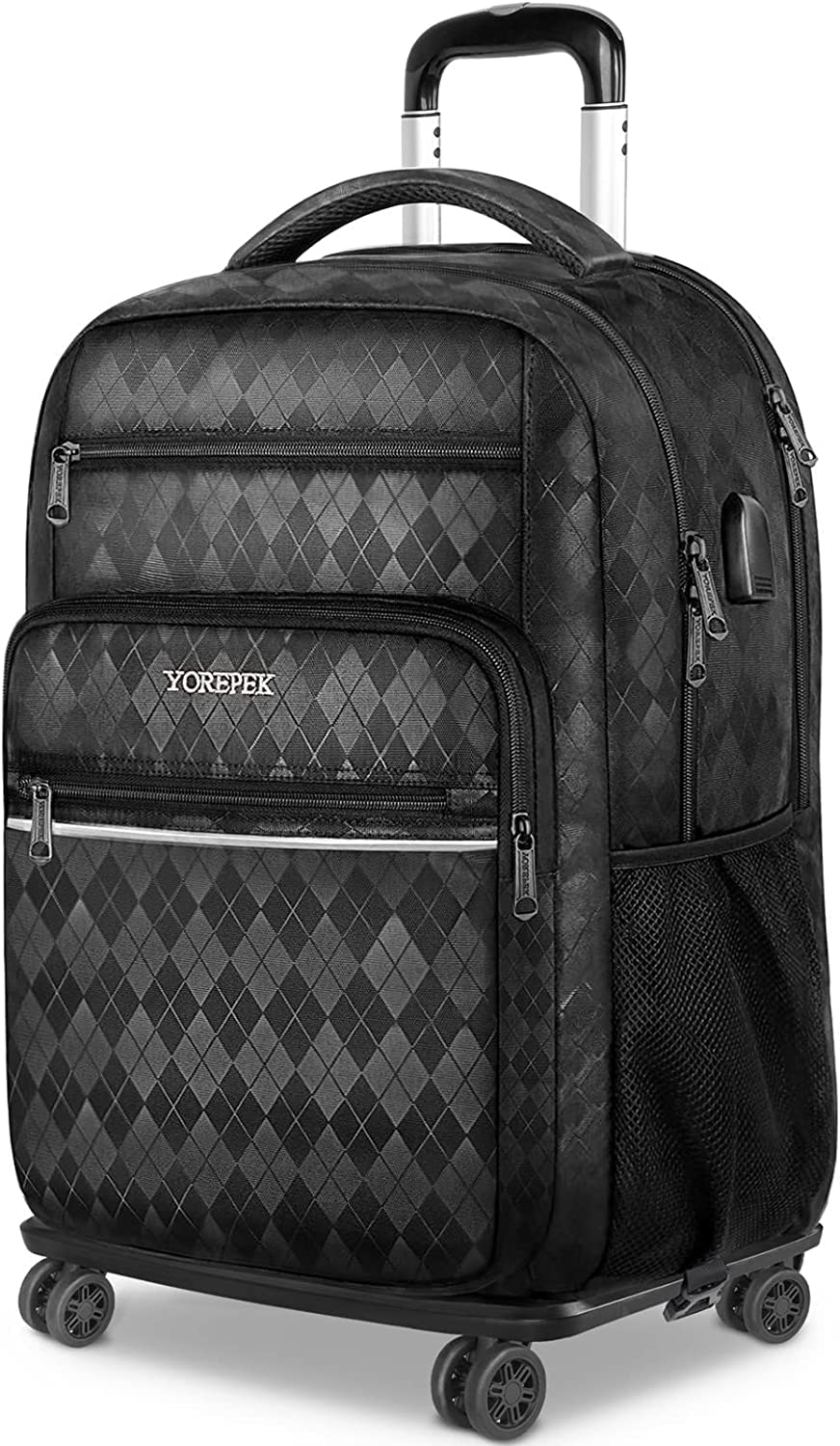 Rolling Backpack, Waterproof Travel Backpack with Wheels for Men Women Adults, 17 Inch Wheeled Roller Bag with USB Charging Port, Carry on Luggage Laptop Backpack for Business College School, Black