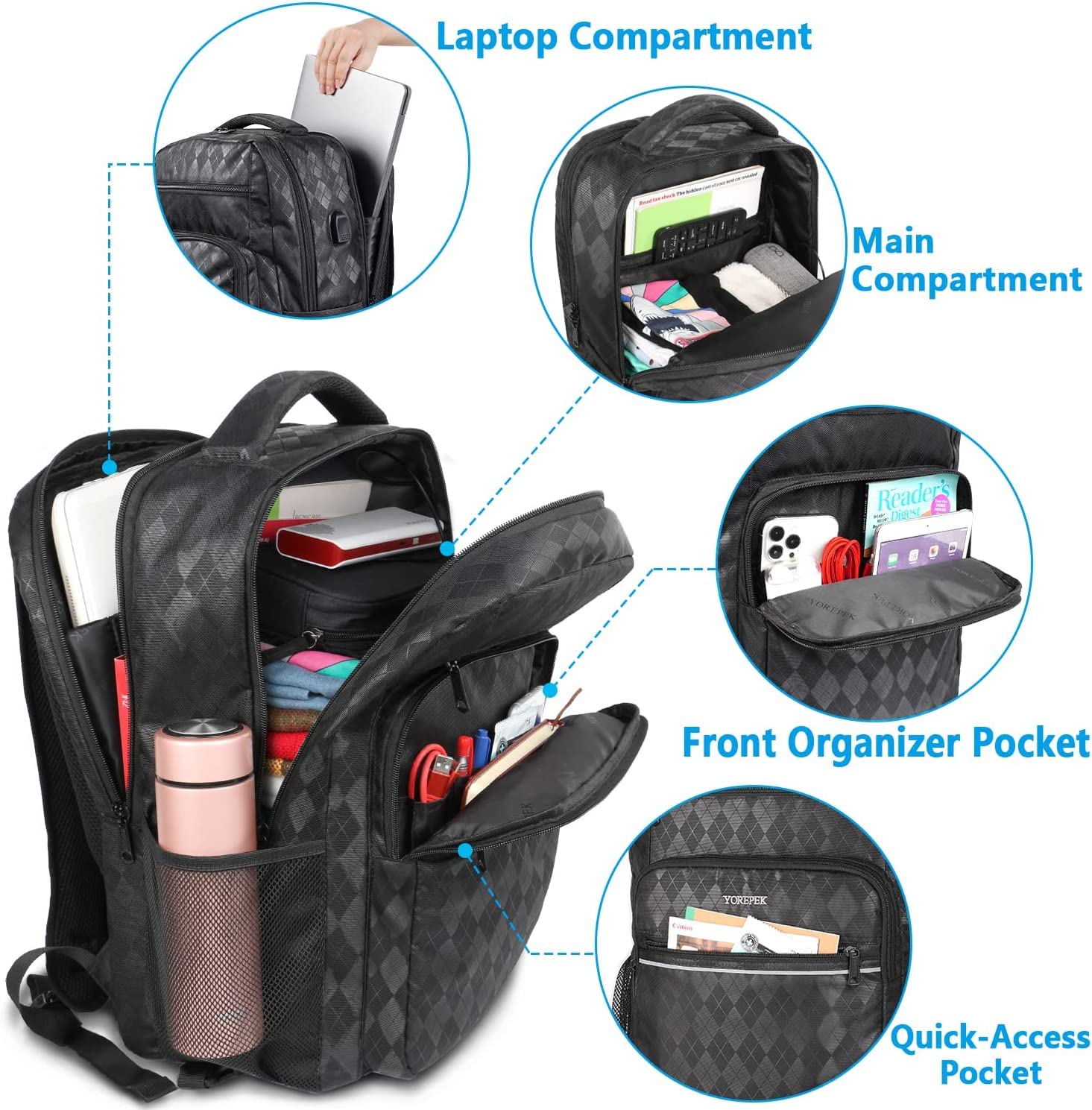 Rolling Backpack, Waterproof Travel Backpack with Wheels for Men Women Adults, 17 Inch Wheeled Roller Bag with USB Charging Port, Carry on Luggage Laptop Backpack for Business College School, Black