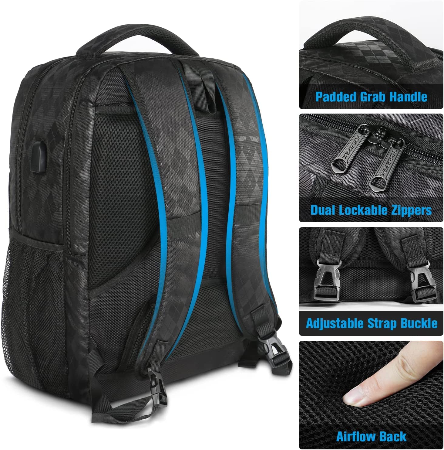 Rolling Backpack, Waterproof Travel Backpack with Wheels for Men Women Adults, 17 Inch Wheeled Roller Bag with USB Charging Port, Carry on Luggage Laptop Backpack for Business College School, Black