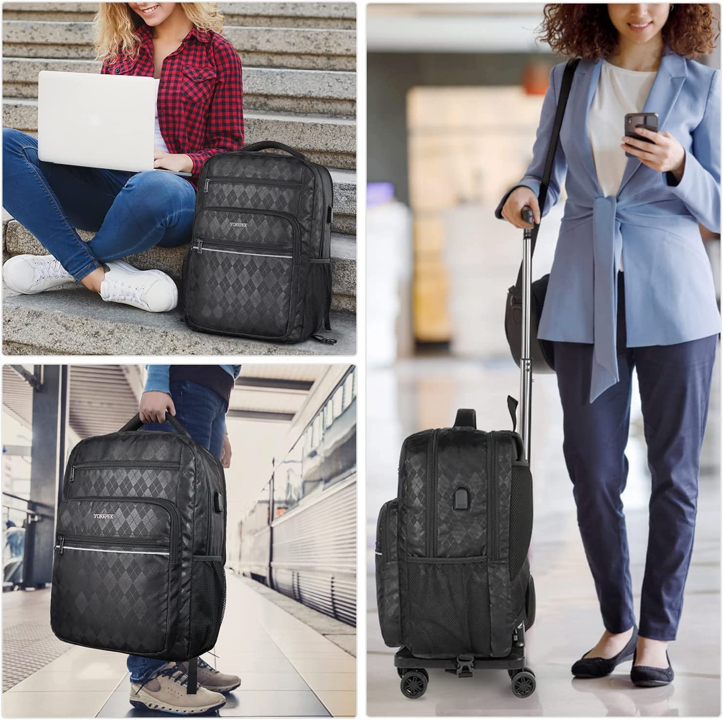 Rolling Backpack, Waterproof Travel Backpack with Wheels for Men Women Adults, 17 Inch Wheeled Roller Bag with USB Charging Port, Carry on Luggage Laptop Backpack for Business College School, Black