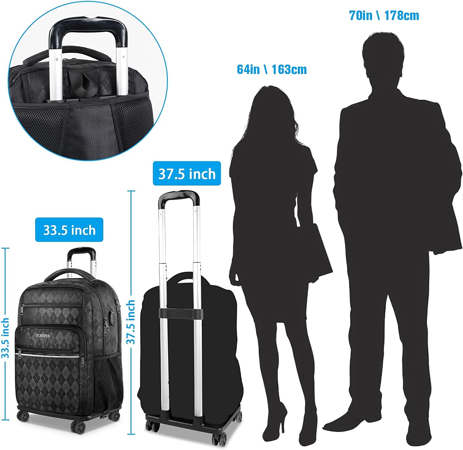 Rolling Backpack, Waterproof Travel Backpack with Wheels for Men Women Adults, 17 Inch Wheeled Roller Bag with USB Charging Port, Carry on Luggage Laptop Backpack for Business College School, Black