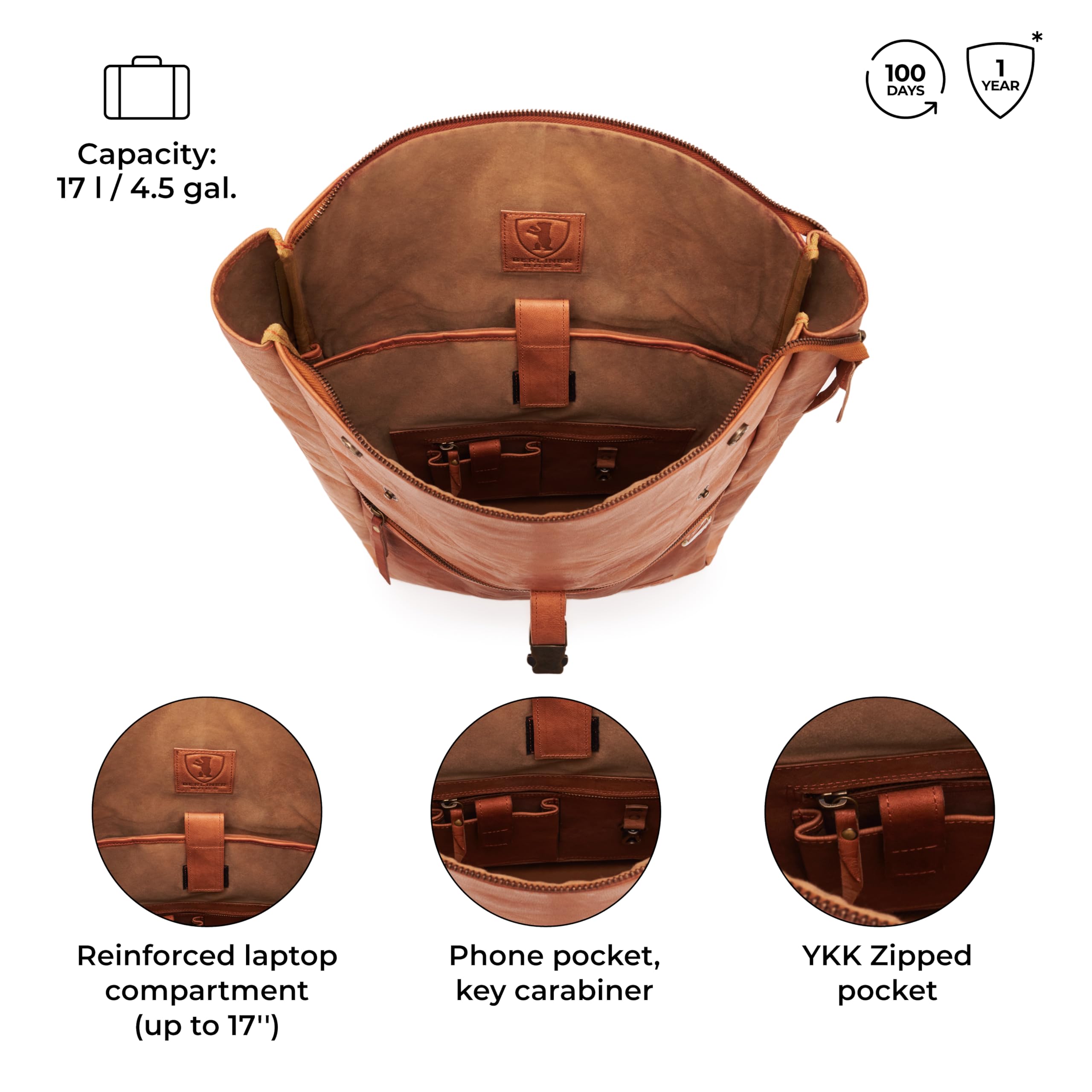 BERLINER BAGS Vintage Leather Backpack Utrecht XL, Large Waterproof Bookbag for Men and Women - Brown…