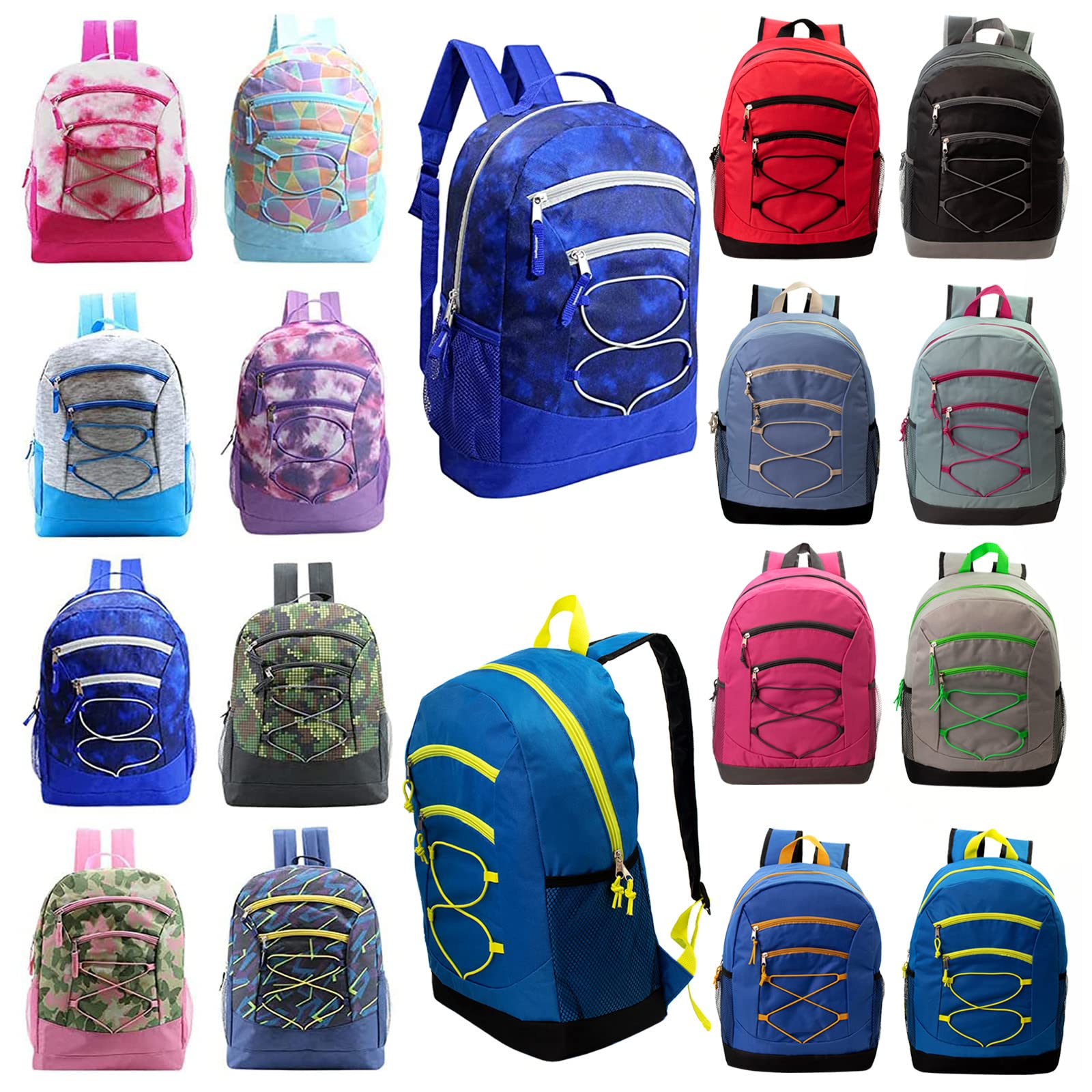 Moda West 24 Pack - 17" Wholesale Classic Bulk Backpacks - Mega Assortment 23 Different Color/Patterns