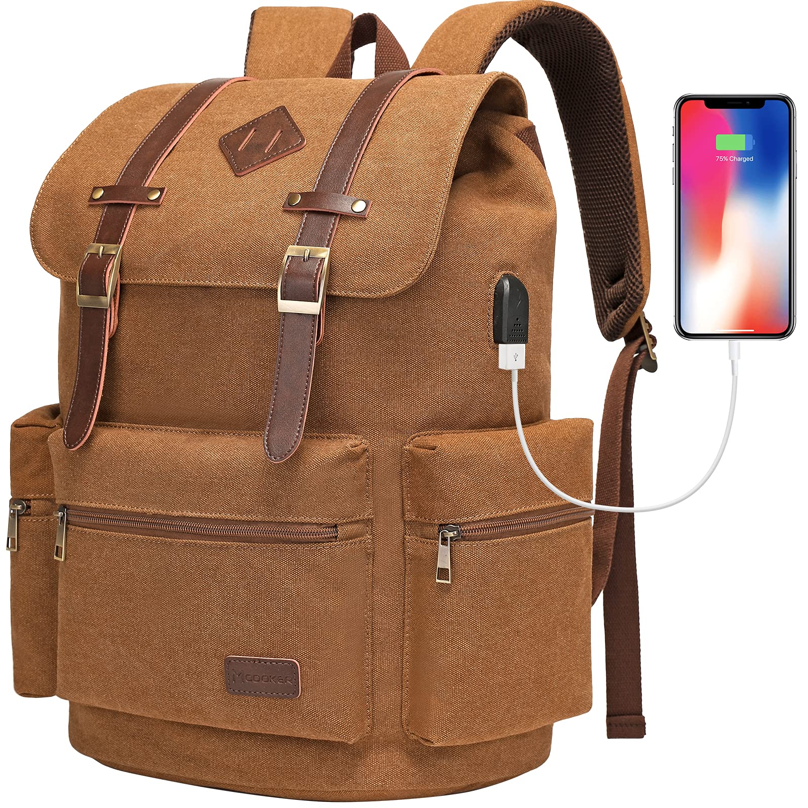 Modoker Mens Canvas Vintage Backpack for Men,Women, Travel Laptop Backpack Fits 17/15.6 Inch Computer & Tablet, Large Bookbag Rucksack Backpack with USB Charging Port, Brown