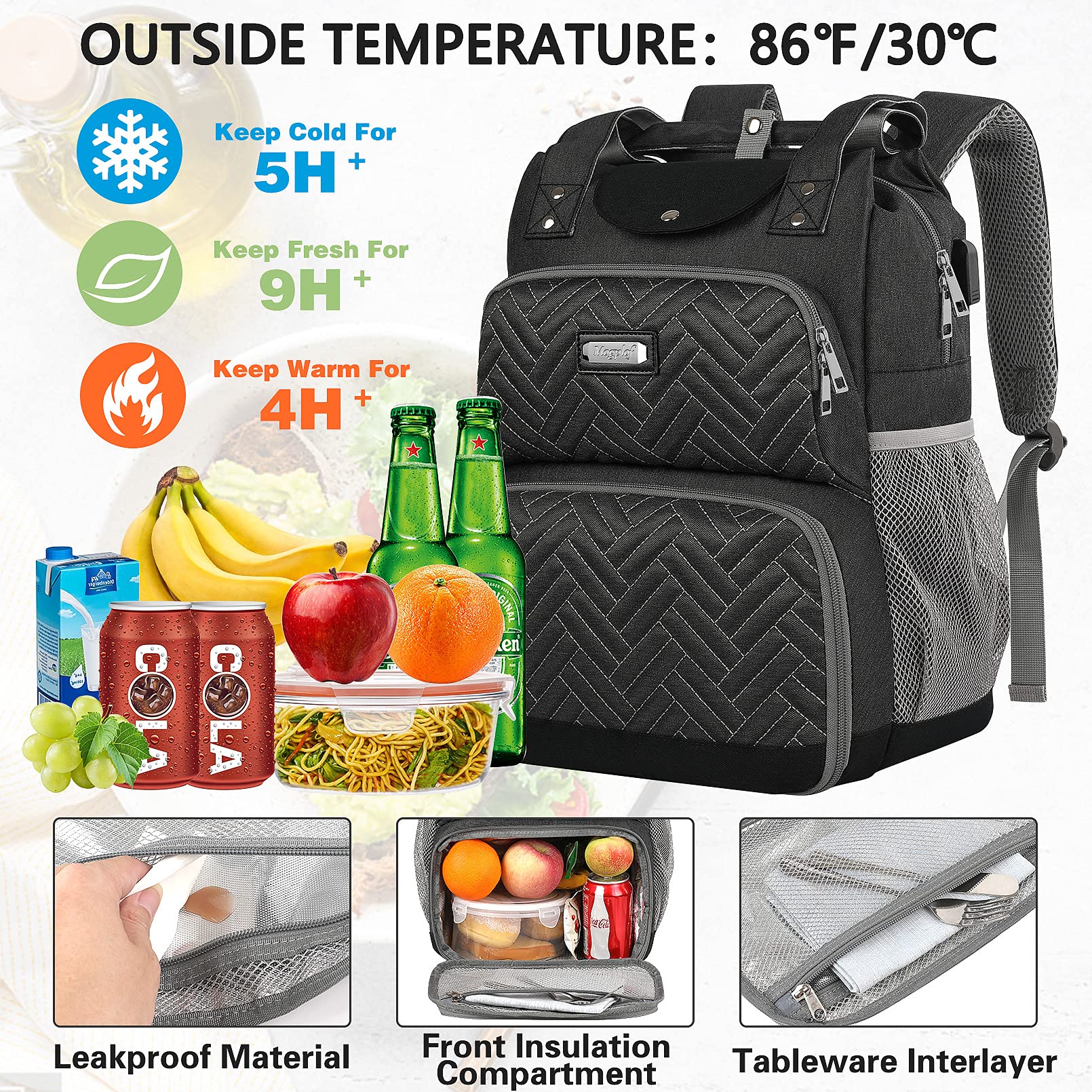 Lunch Backpack, Lunch Box Backpack for Women Men with USB Charging Port RFID Pockets Insulated Cooler Backpacks for Work, Waterproof Lunch Bookbag Teacher Nurse College Student Gifts Fits 15.6 Laptop