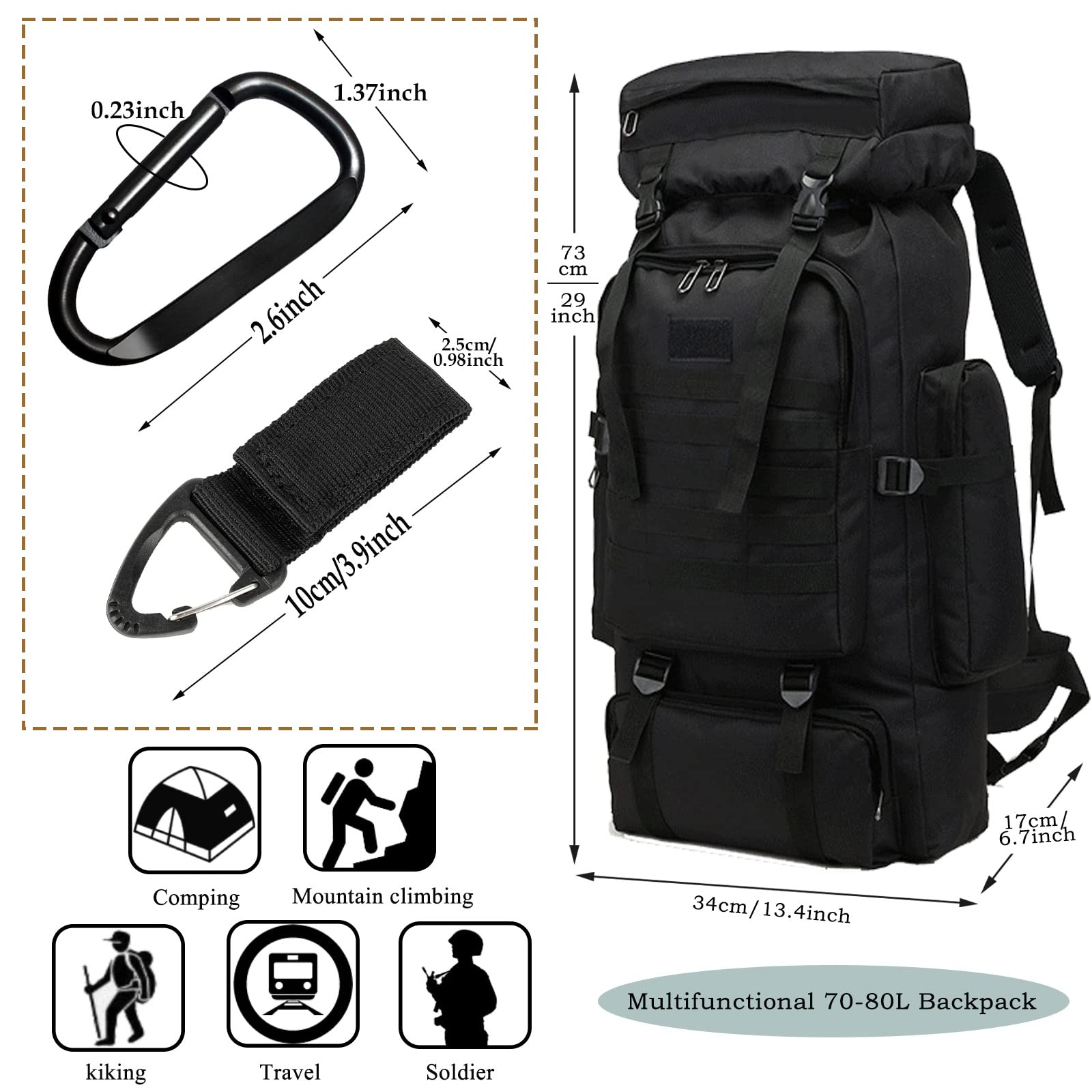 70L Waterproof Hiking Daypack Large Hiking Backpack, Foldable Packable Daypack Hunting Camping Rucksack Day Backpack for Men Army Survival Backpack Travel Outdoor Sports Bag (Black)