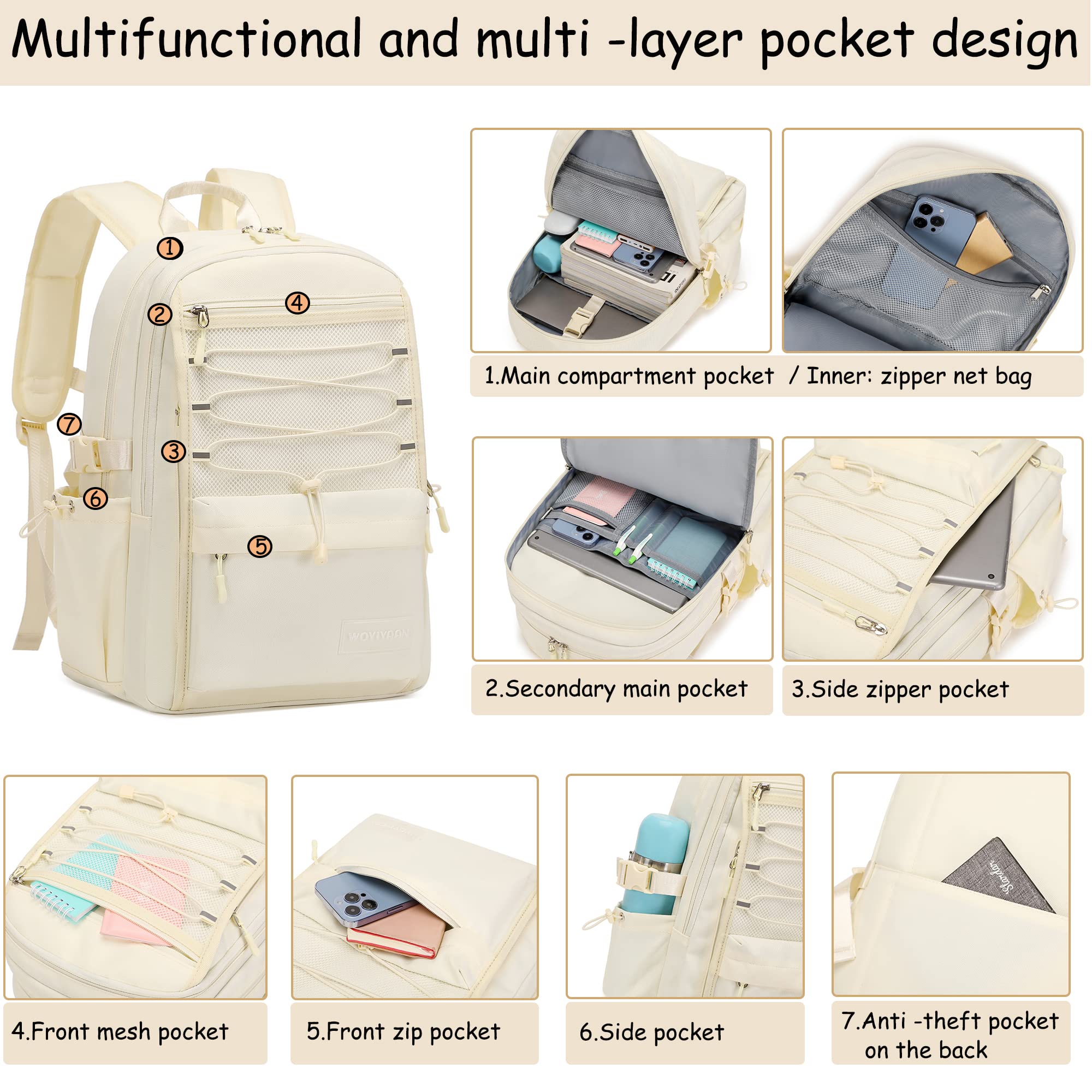 Laptop Backpack for Women Girls 15.6 Inch Mesh School Bag, Unisex Student Bookbag Waterproof Backpack for College Work Travel (Khaki)