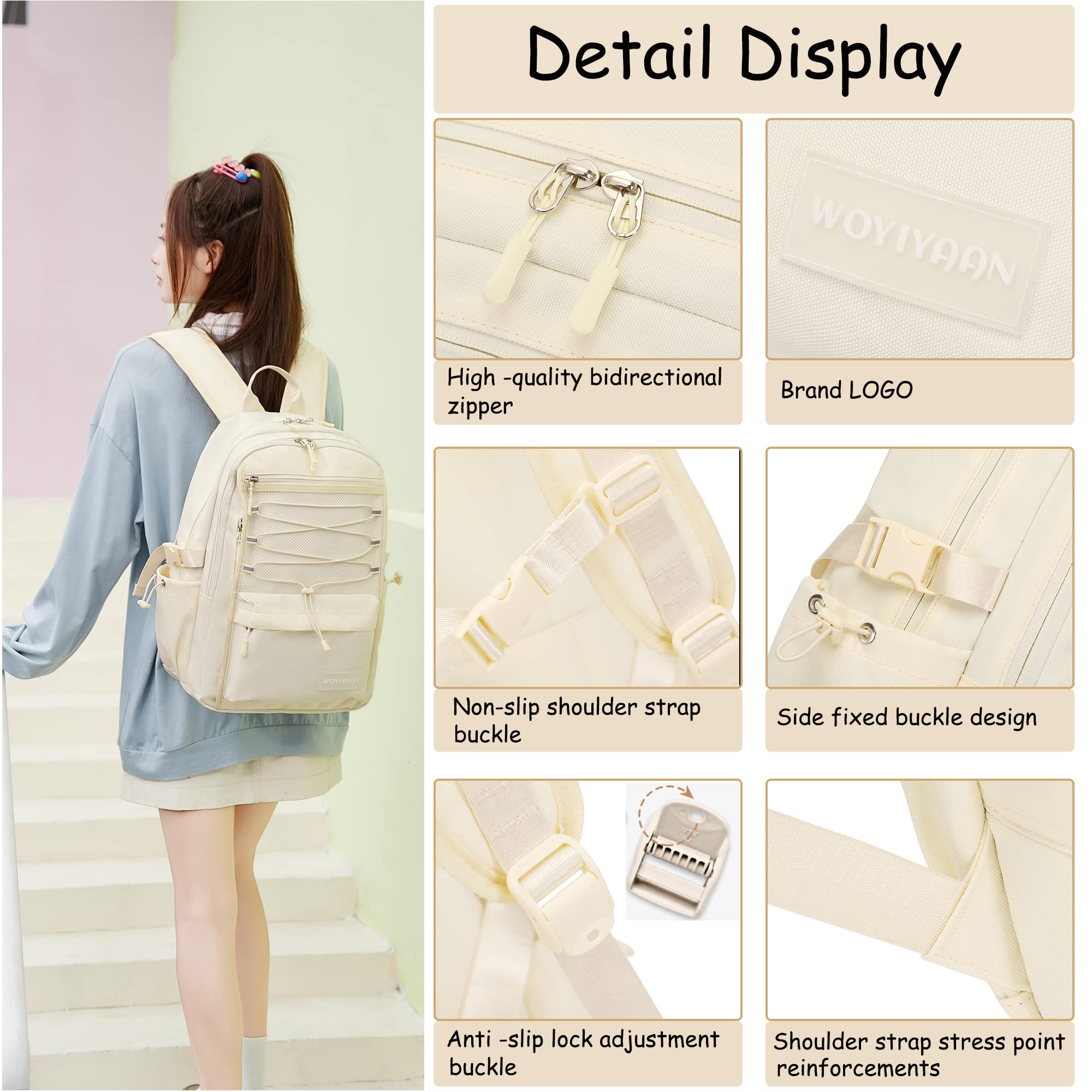 Laptop Backpack for Women Girls 15.6 Inch Mesh School Bag, Unisex Student Bookbag Waterproof Backpack for College Work Travel (Khaki)