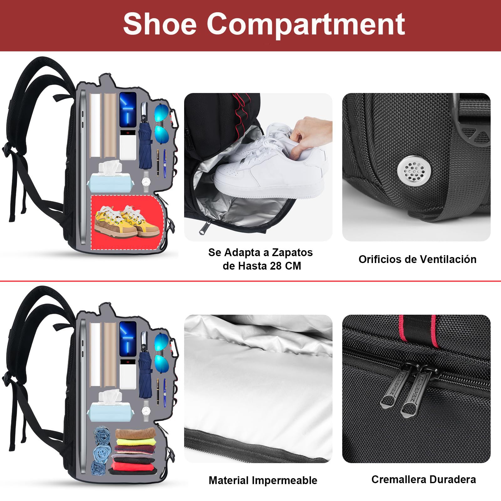Gym Backpack with Shoe Compartment, Large Travel Backpack for Men Women Airline Approved, 17 Inch Laptop Backpack with USB Charging Port Anti Theft College School Computer Bag Business Work, Black