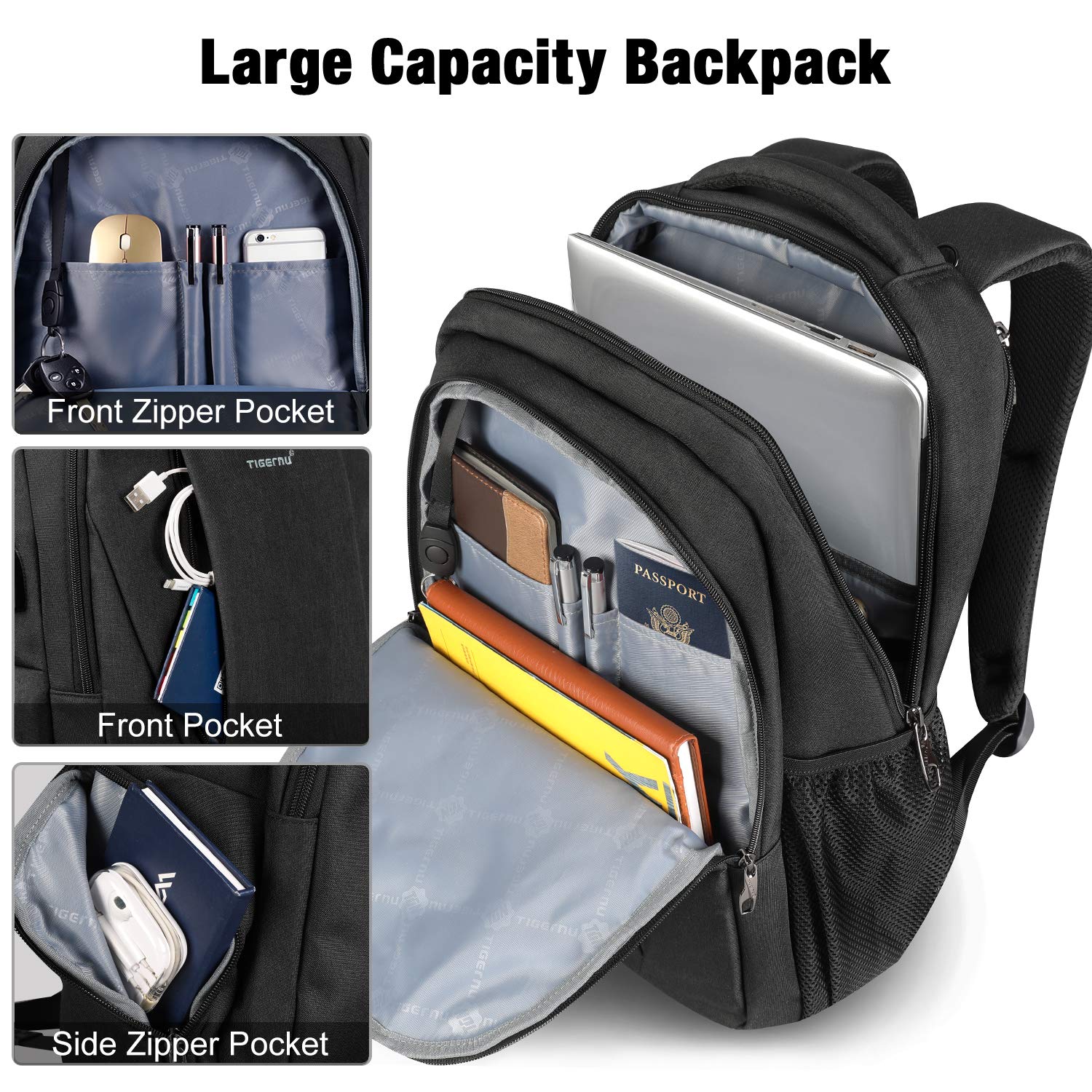 TIGERNU Laptop Backpack, Business Slim Anti-theft Backpacks with USB Charging Port, Water Resistant College Bookbag with Laptop Compartment for Men Work, Fits 15.6 Inch Laptop and Notebook, Black