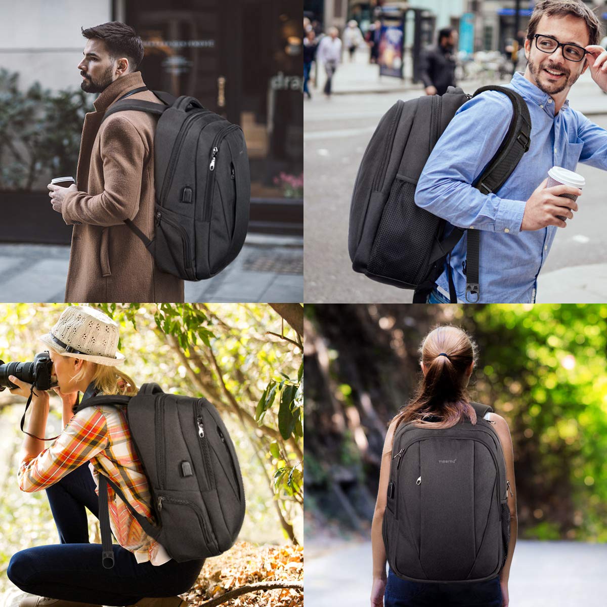 TIGERNU Laptop Backpack, Business Slim Anti-theft Backpacks with USB Charging Port, Water Resistant College Bookbag with Laptop Compartment for Men Work, Fits 15.6 Inch Laptop and Notebook, Black