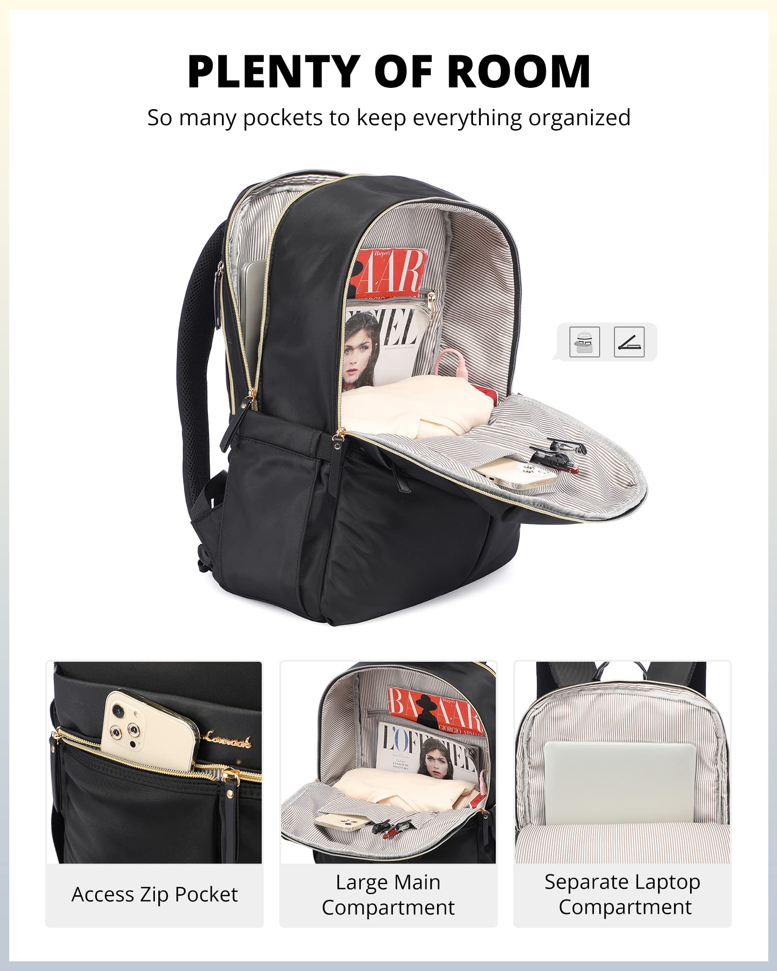 LOVEVOOK Laptop Backpack Women, Stylish Book Bag with USB Charging Port, Travel Notebook Backpack fits 15.6" Computer, for College Work Commute, Black
