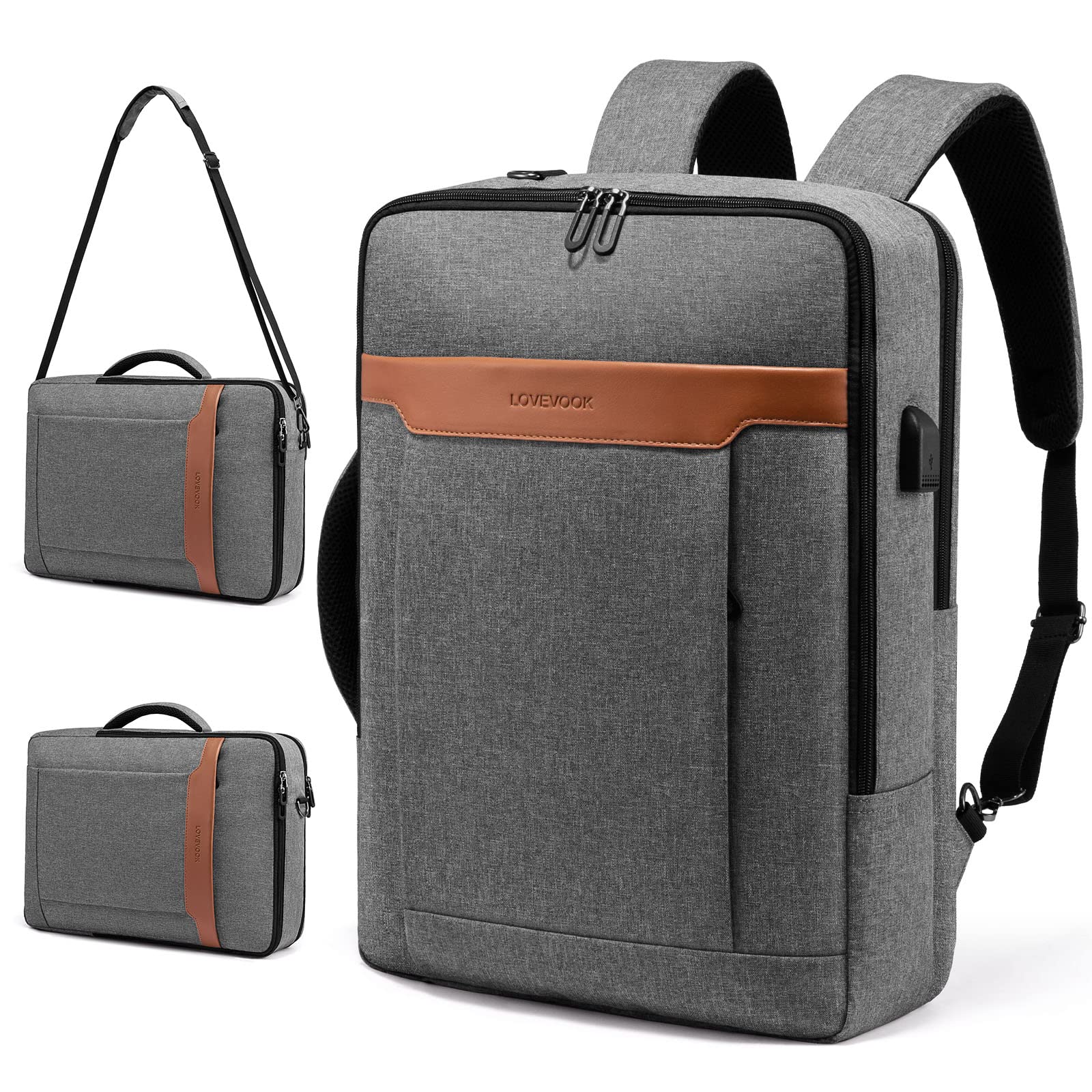 LOVEVOOK Convertible Laptop Backpack Bag, 3 in 1 Men’s Messenger Bag Business Briefcases Fits 15.6 Inch Laptop, Shoulder Bags Computer Backpacks for Travel College Office for Men Women, Grey