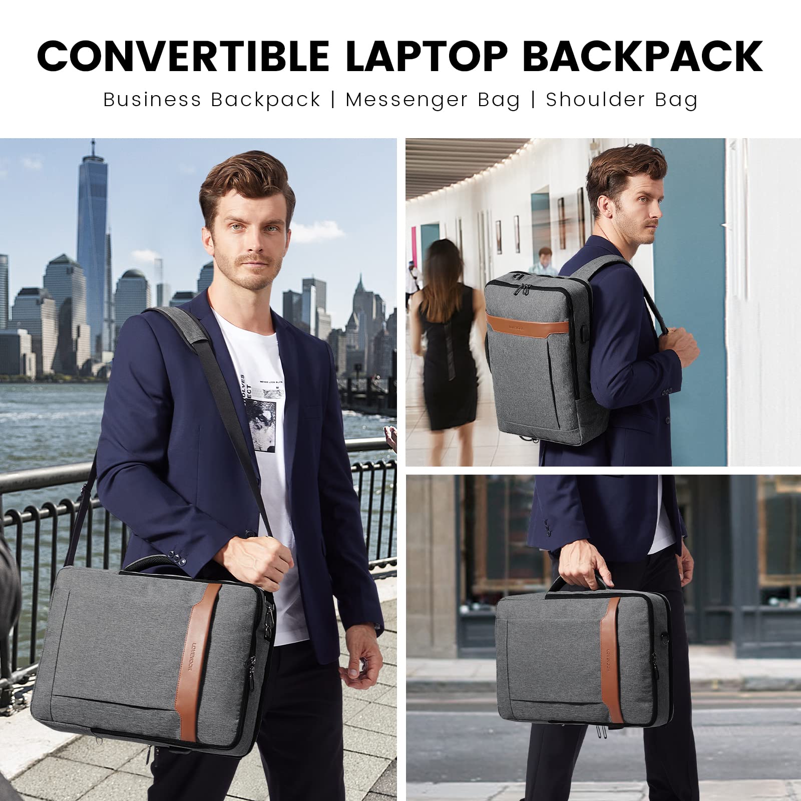 LOVEVOOK Convertible Laptop Backpack Bag, 3 in 1 Men’s Messenger Bag Business Briefcases Fits 15.6 Inch Laptop, Shoulder Bags Computer Backpacks for Travel College Office for Men Women, Grey