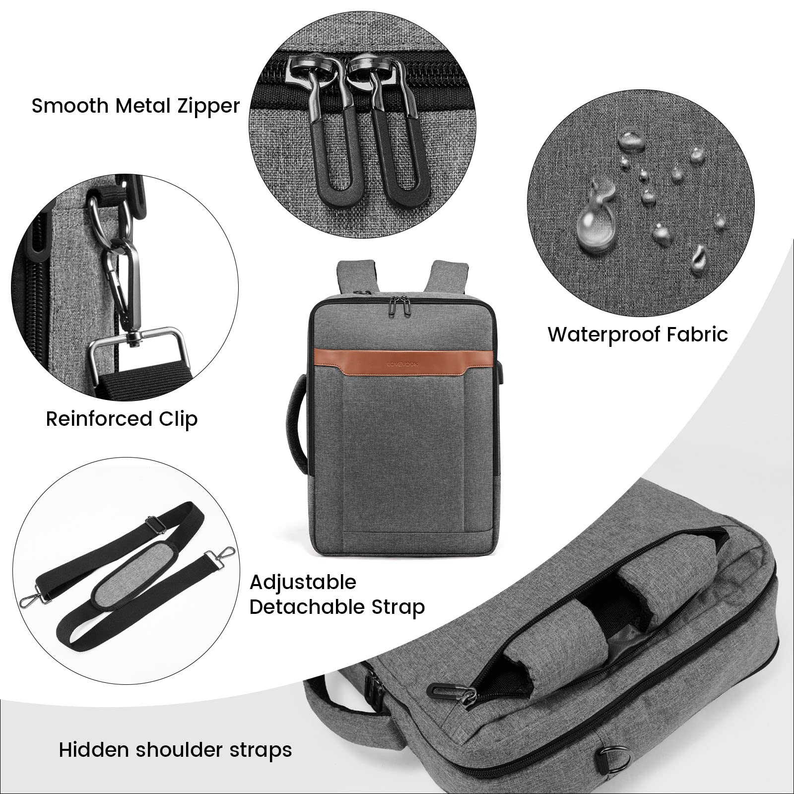 LOVEVOOK Convertible Laptop Backpack Bag, 3 in 1 Men’s Messenger Bag Business Briefcases Fits 15.6 Inch Laptop, Shoulder Bags Computer Backpacks for Travel College Office for Men Women, Grey