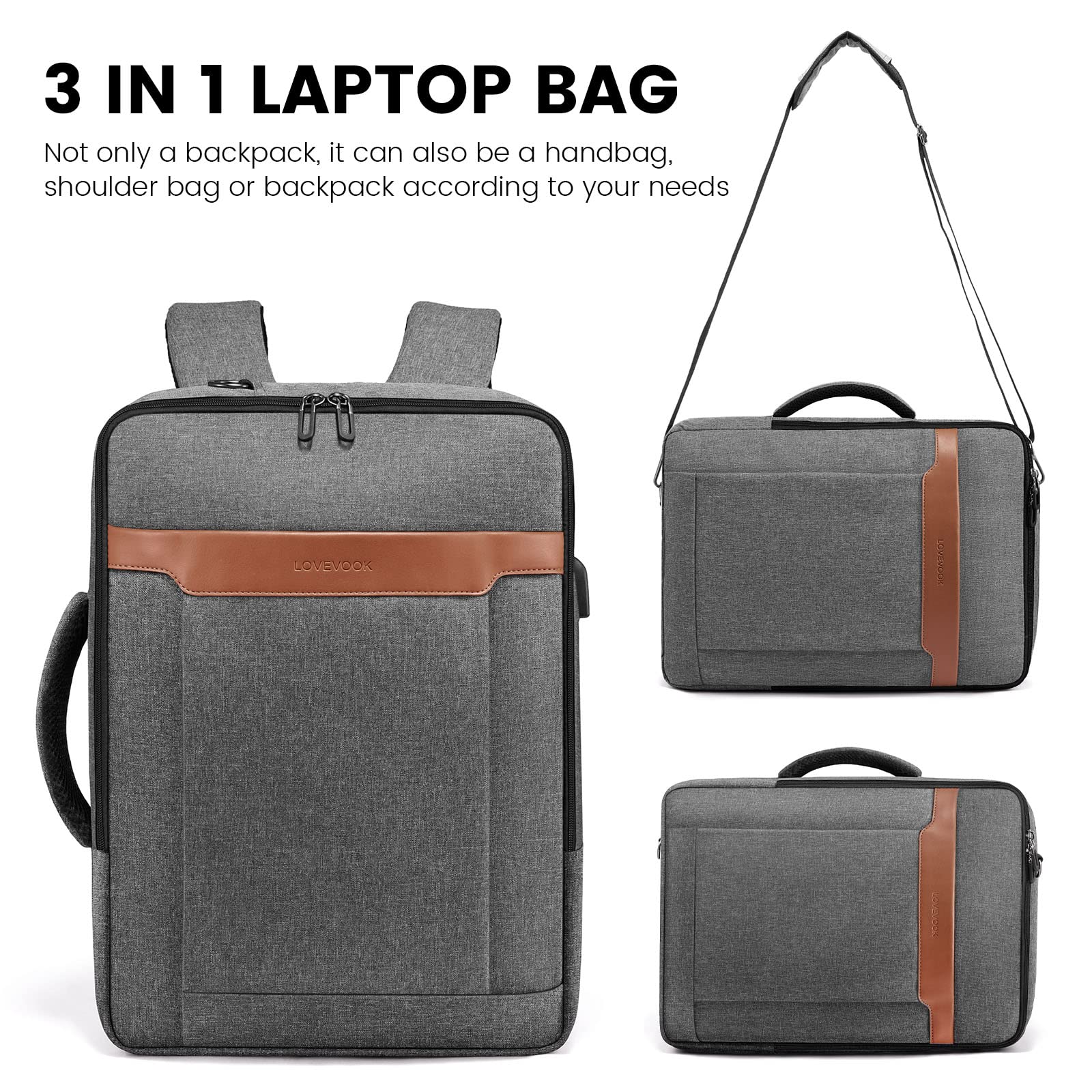 LOVEVOOK Convertible Laptop Backpack Bag, 3 in 1 Men’s Messenger Bag Business Briefcases Fits 15.6 Inch Laptop, Shoulder Bags Computer Backpacks for Travel College Office for Men Women, Grey