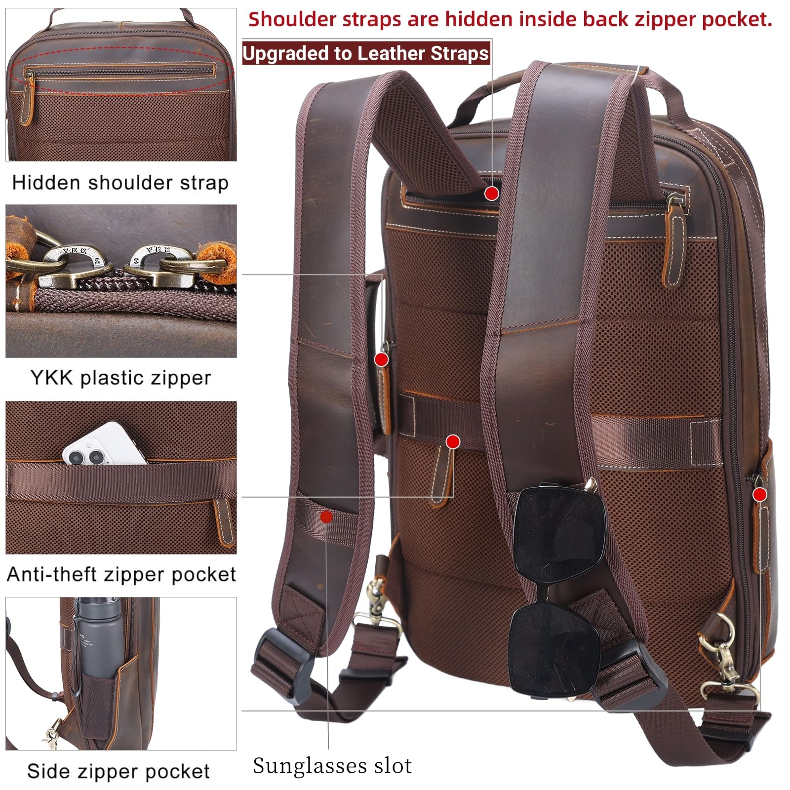 Masa Kawa Leather 15.6" Laptop Backpack for Men Convertible Briefcase Backpacks School Bookbag Expandable Vintage Business Work Travel Rucksack Daypack, Brown