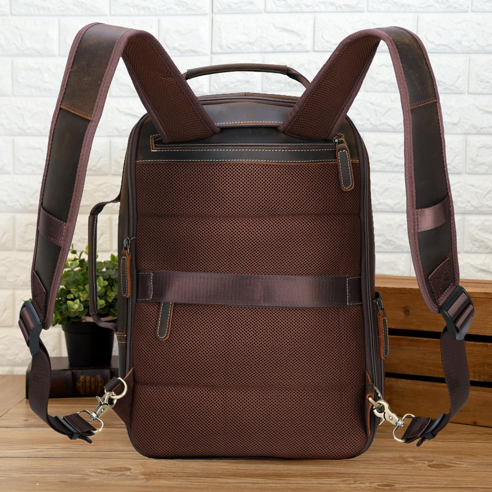 Masa Kawa Leather 15.6" Laptop Backpack for Men Convertible Briefcase Backpacks School Bookbag Expandable Vintage Business Work Travel Rucksack Daypack, Brown