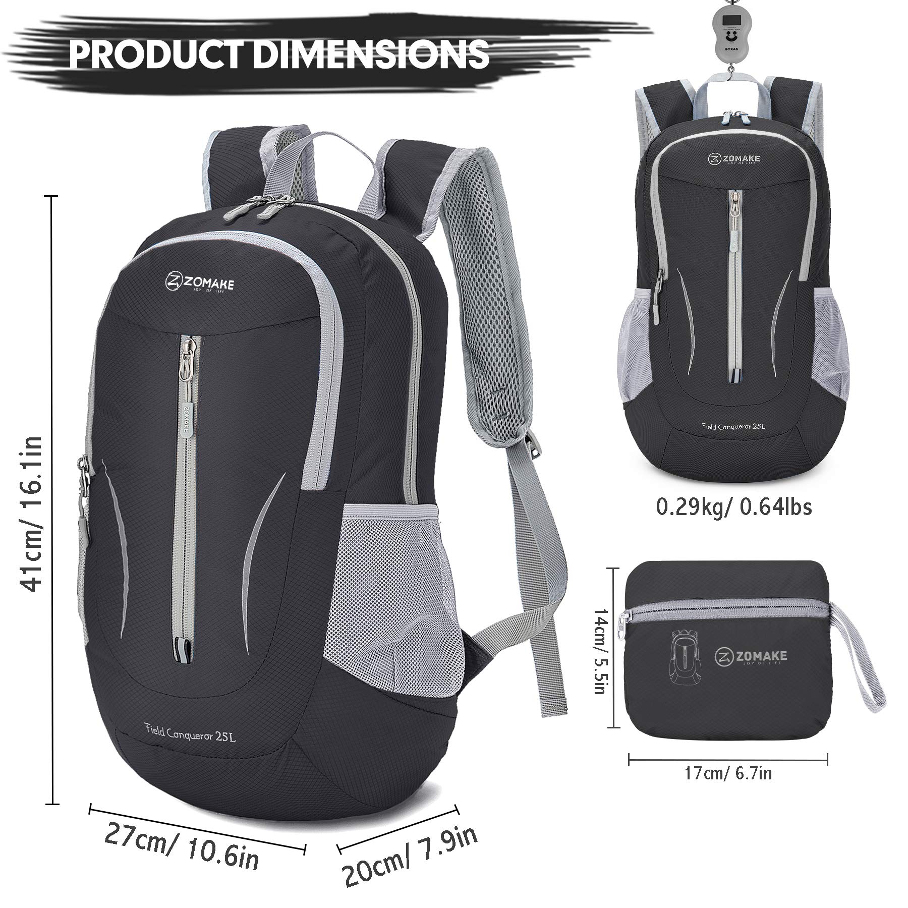 ZOMAKE Ultra Lightweight Packable Backpack 25L - Foldable Hiking Backpacks Water Resistant Small Folding Daypack for Travel(Black)