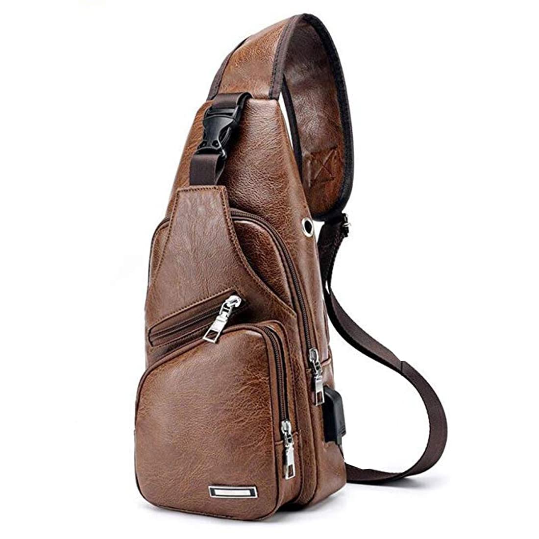 Men's Leather Sling Bag Multipurpose Daypack Shoulder Chest Crossbody Bag Black