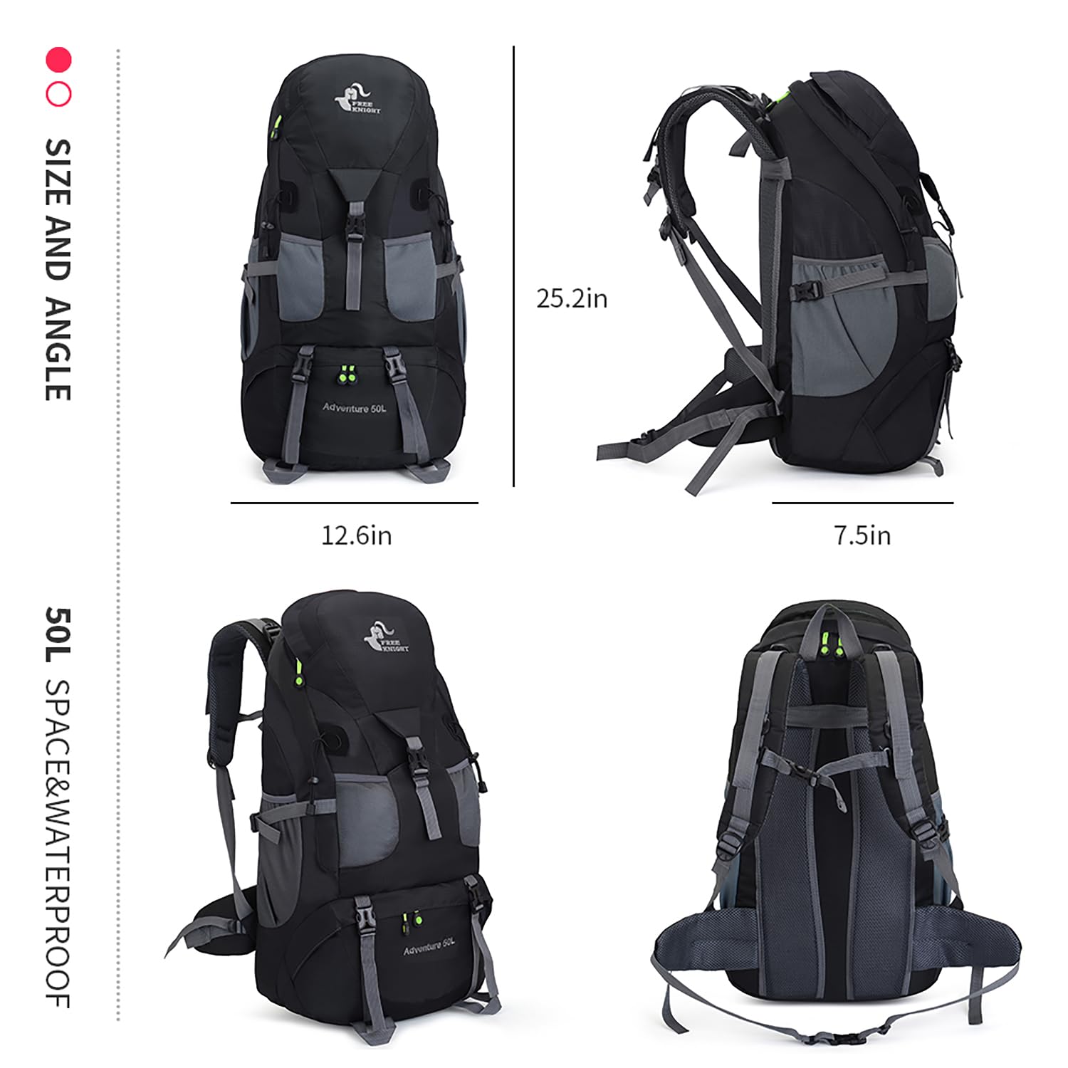 Bseash 50L Water Resistant Hiking Backpack, Lightweight Outdoor Sport Daypack Travel Bag for Camping Climbing Touring (Black - No Shoe Compartment)
