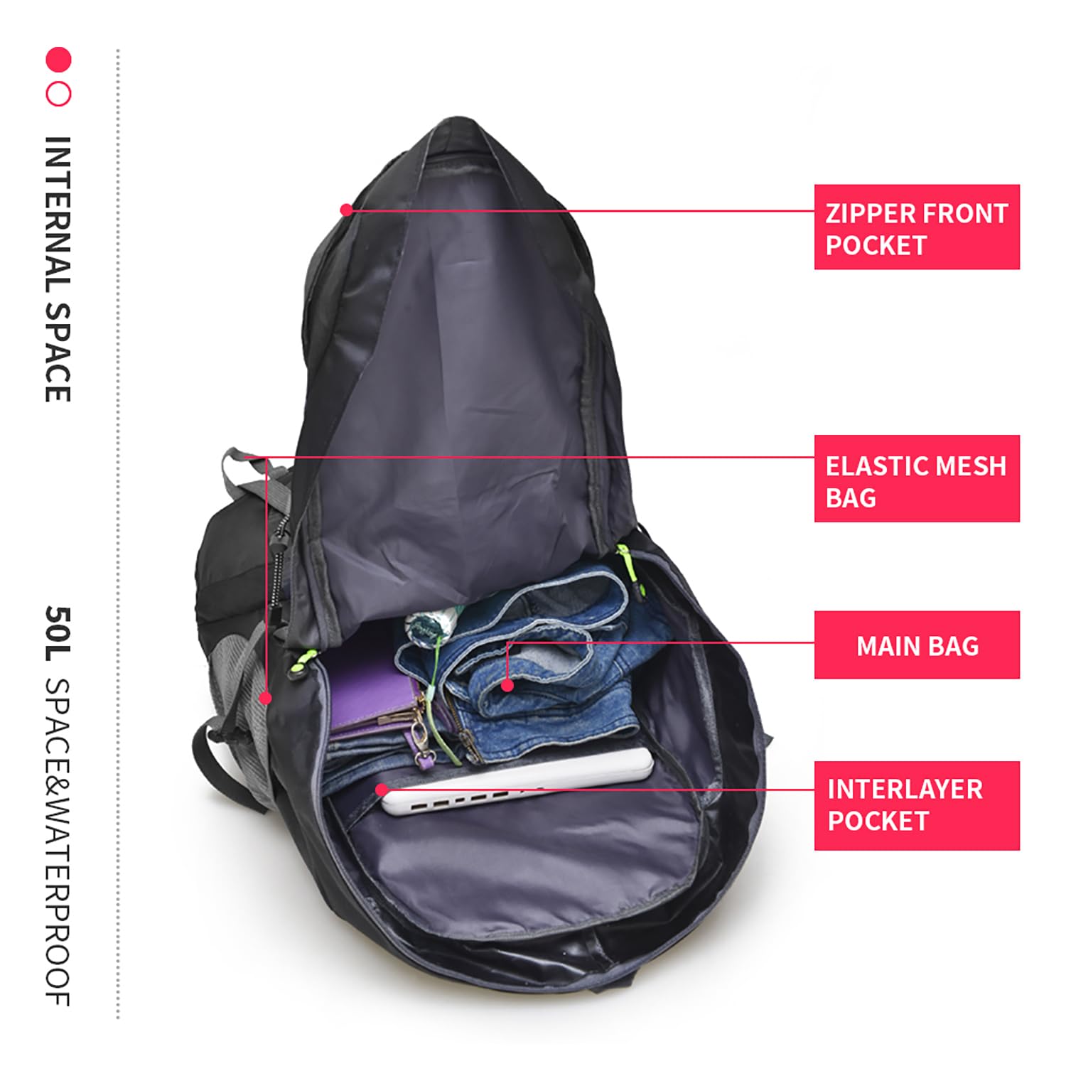 Bseash 50L Water Resistant Hiking Backpack, Lightweight Outdoor Sport Daypack Travel Bag for Camping Climbing Touring (Black - No Shoe Compartment)