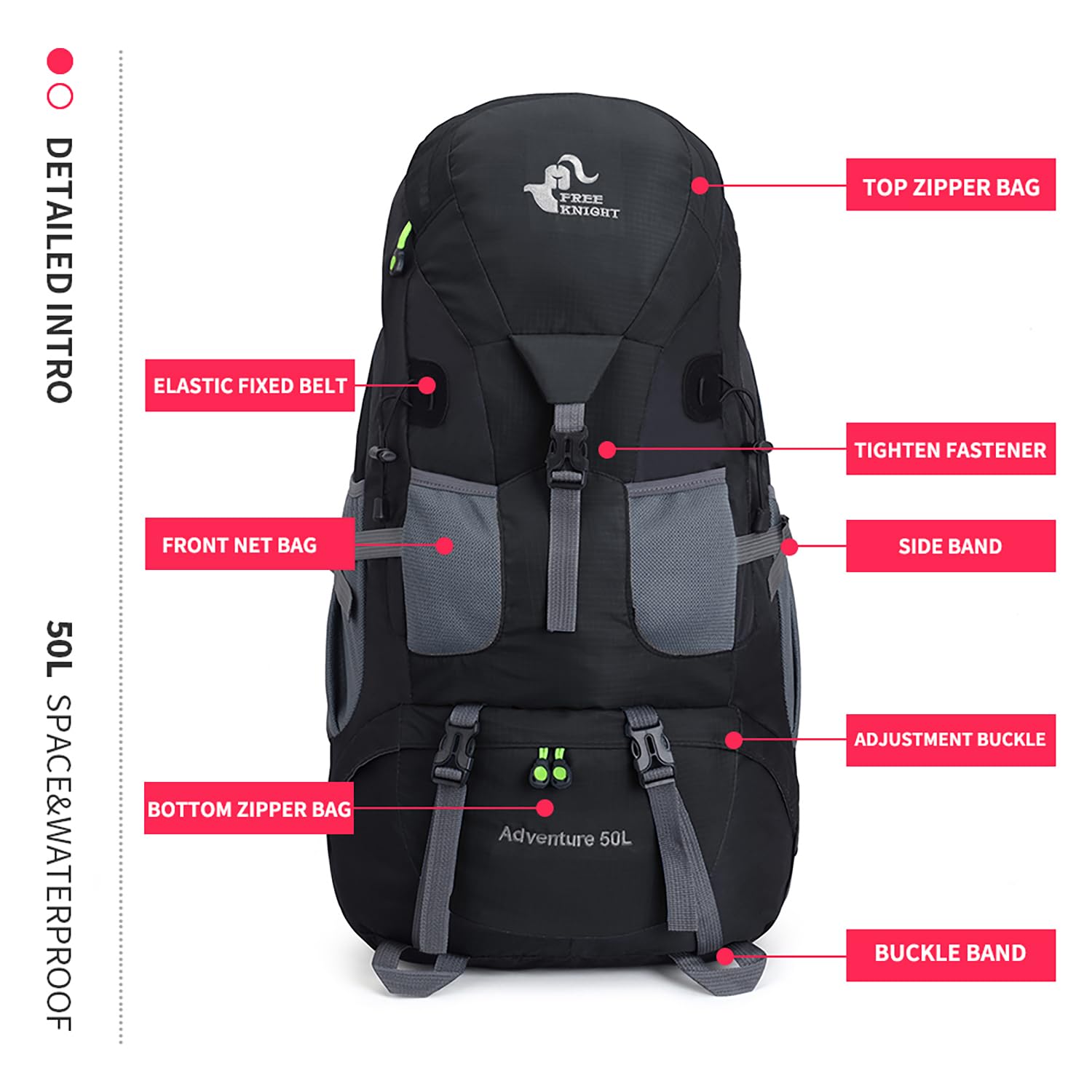 Bseash 50L Water Resistant Hiking Backpack, Lightweight Outdoor Sport Daypack Travel Bag for Camping Climbing Touring (Black - No Shoe Compartment)