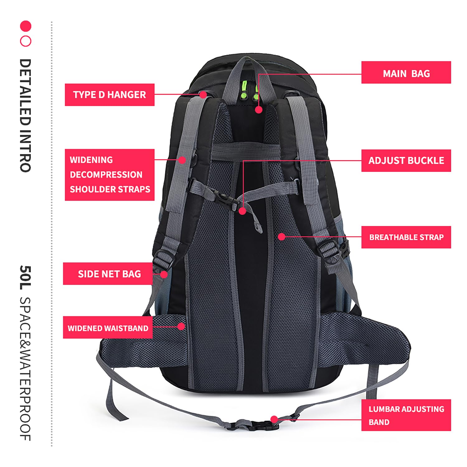 Bseash 50L Water Resistant Hiking Backpack, Lightweight Outdoor Sport Daypack Travel Bag for Camping Climbing Touring (Black - No Shoe Compartment)