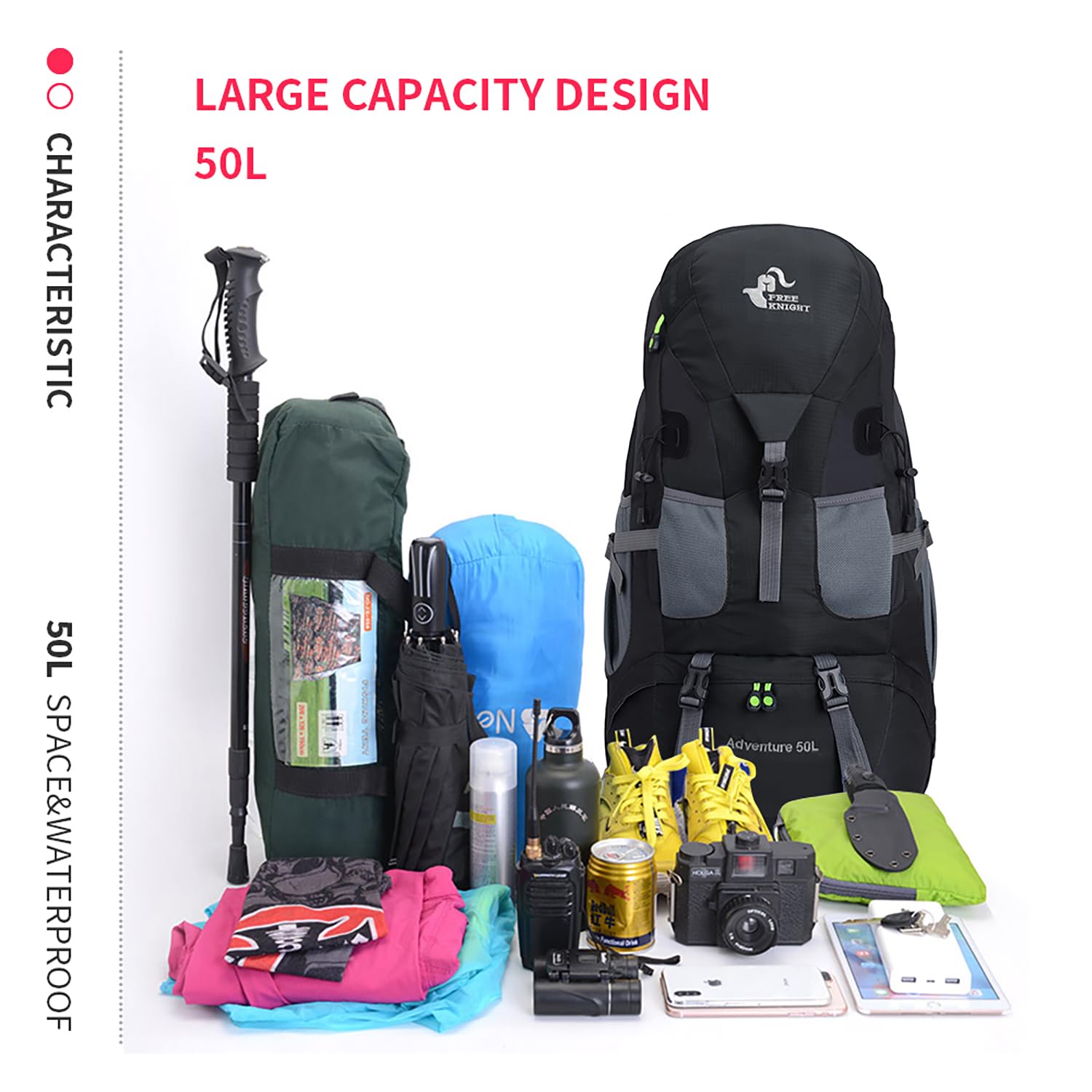 Bseash 50L Water Resistant Hiking Backpack, Lightweight Outdoor Sport Daypack Travel Bag for Camping Climbing Touring (Black - No Shoe Compartment)