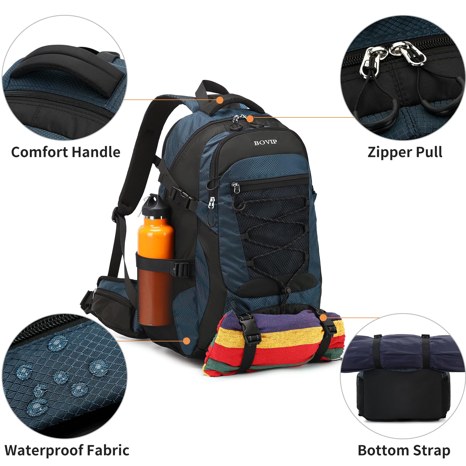 BOVIP 40L Hiking Backpack Waterproof Lightweight Daypack Travel Sports Camping Backpack for Men Women Blue