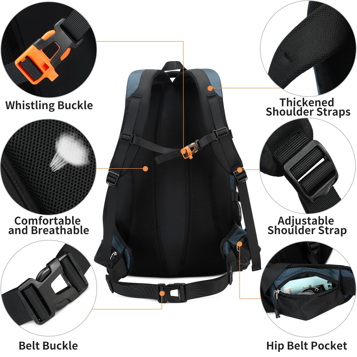 BOVIP 40L Hiking Backpack Waterproof Lightweight Daypack Travel Sports Camping Backpack for Men Women Blue