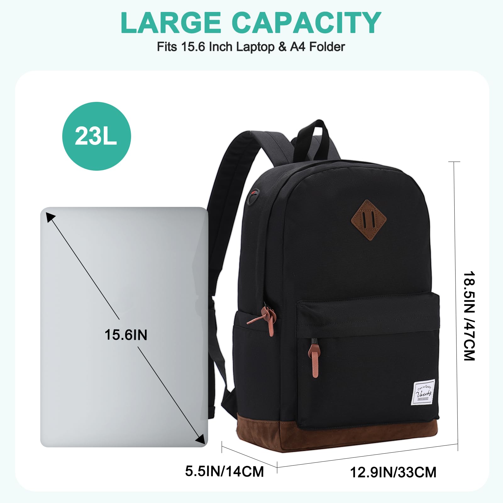 VASCHY Backpack for Men, Unisex Classic Water-resistant College School Backpack Bookbag Laptop Backpack Black
