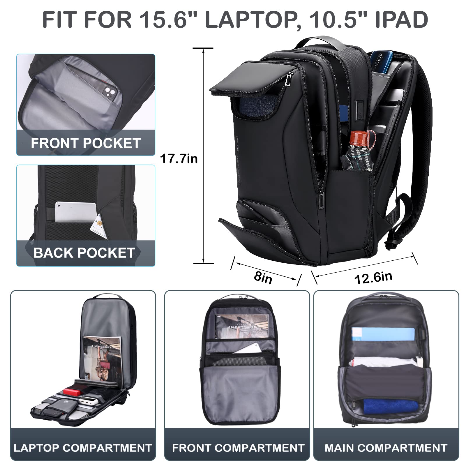FENRUIEN Business Laptop Backpack for Men Fits 15.6 Inch, 4-layer Waterproof Backpack Computer Bag Daily with USB Charging for School Work Office College Airplane