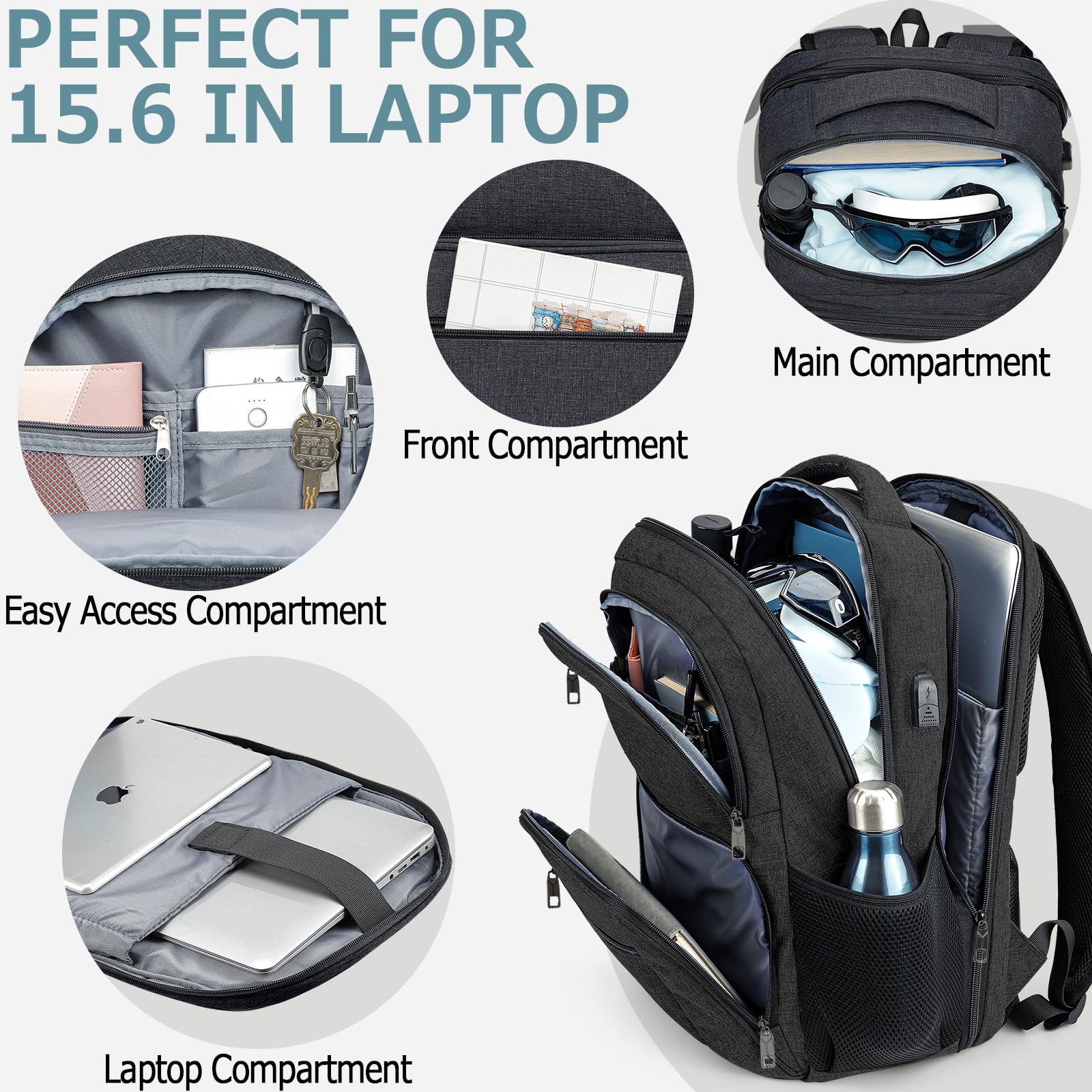 BIKROD Backpack for Men, TSA Travel Backpack, School Backpacks for Teens Water Resistant Back Pack with USB Charging Port, Business Anti Theft Durable Computer Bag Gifts Fits 15.6 Inch Laptop,Black