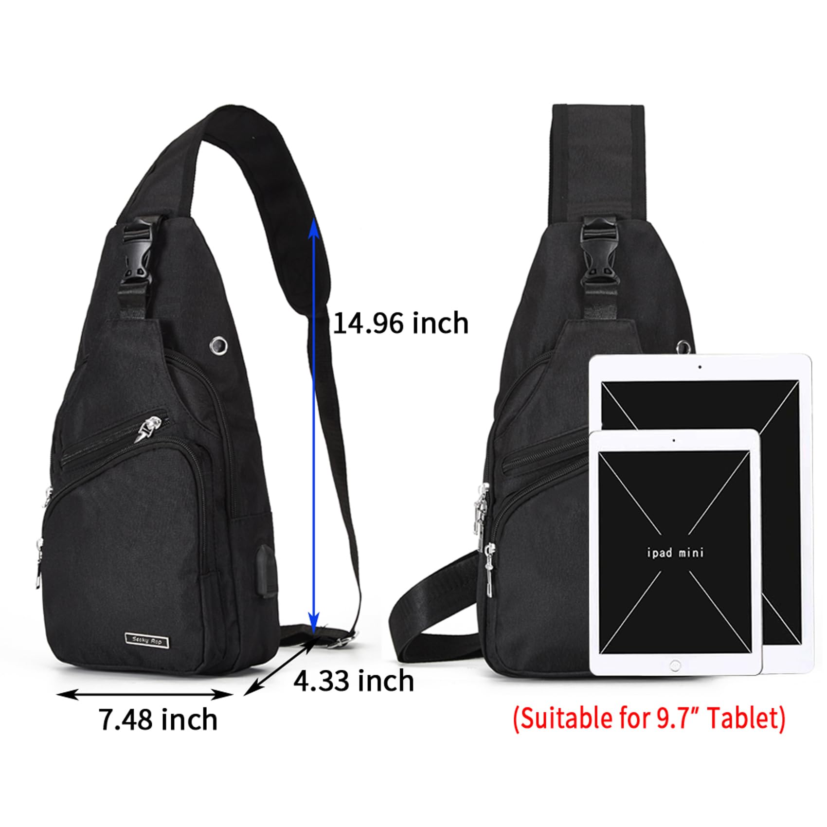 Men Women Sling Backpack Anti Theft Crossbody Shoulder Chest Bag with USB Charging Port Black
