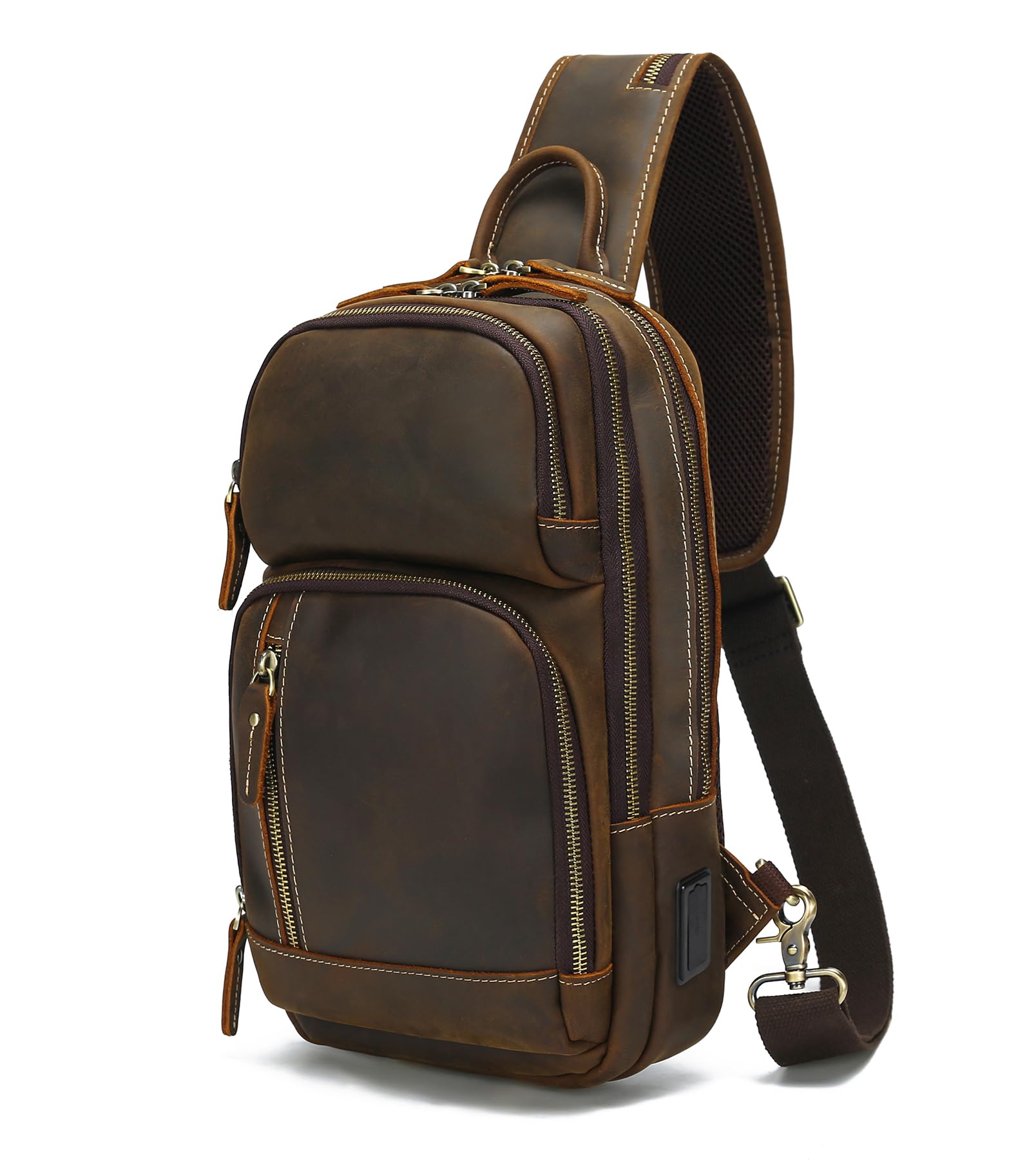 Lannsyne Small Vintage Leather Sling Bag For Men Crossbody Chest Daypack fits 10.5" iPad