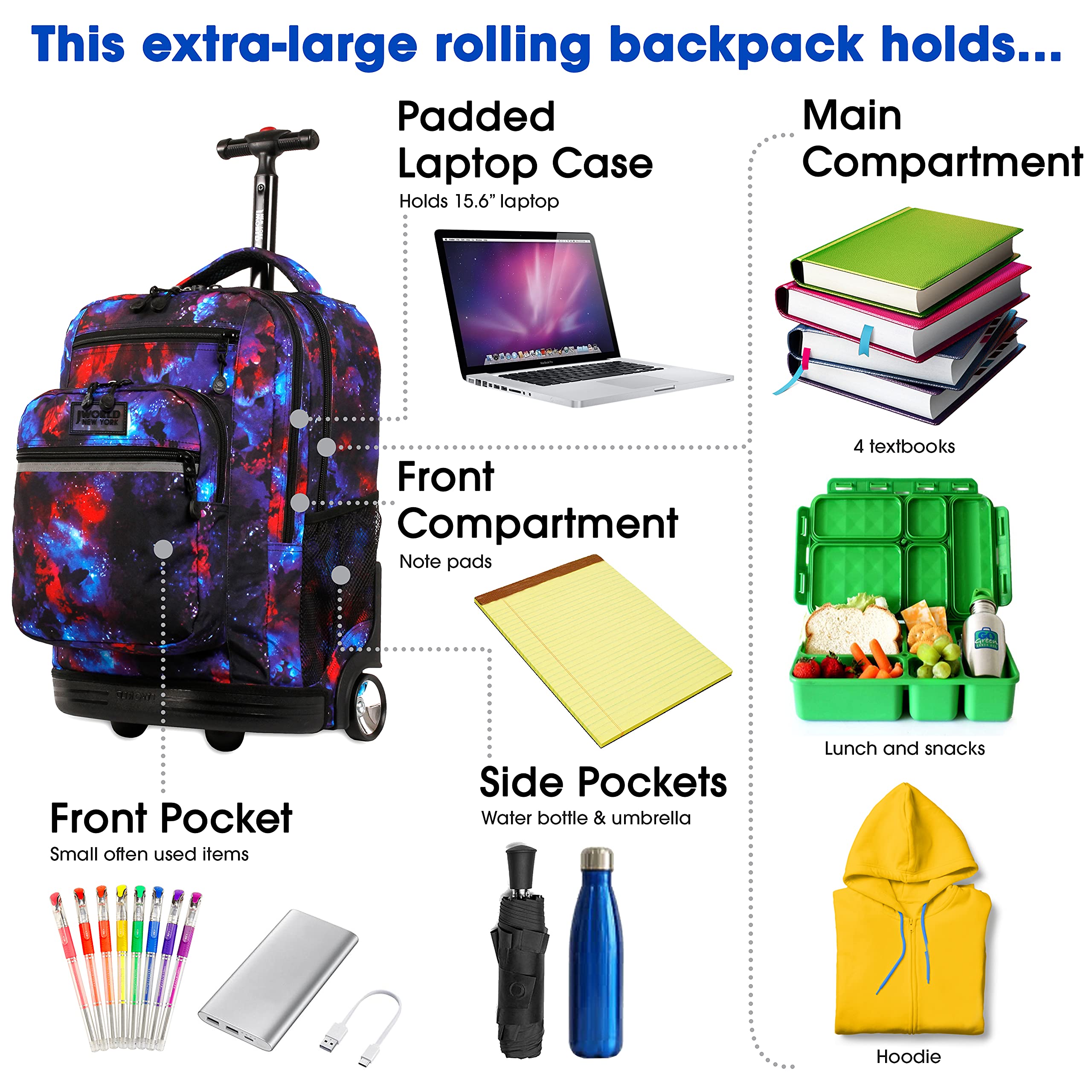 J World New York Sundance Rolling Backpack Roller Bookbag, Galaxy, 20 X 13 X 9 (H X W X D)