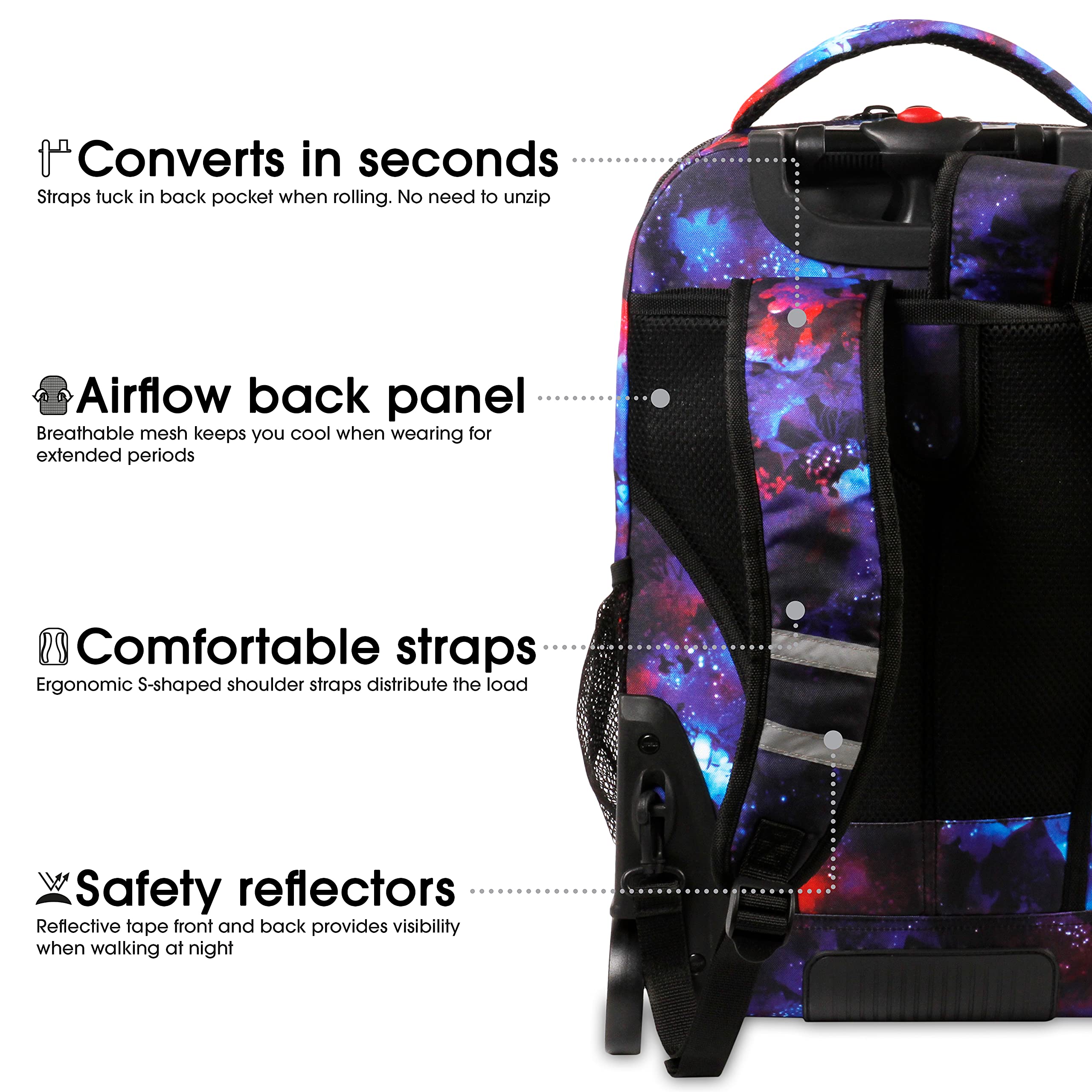 J World New York Sundance Rolling Backpack Roller Bookbag, Galaxy, 20 X 13 X 9 (H X W X D)